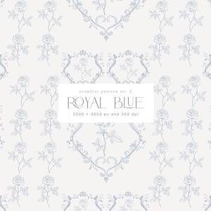 Baroque Inspired Line Art Royal Blue Clipart Set With Seamless Patterns ...