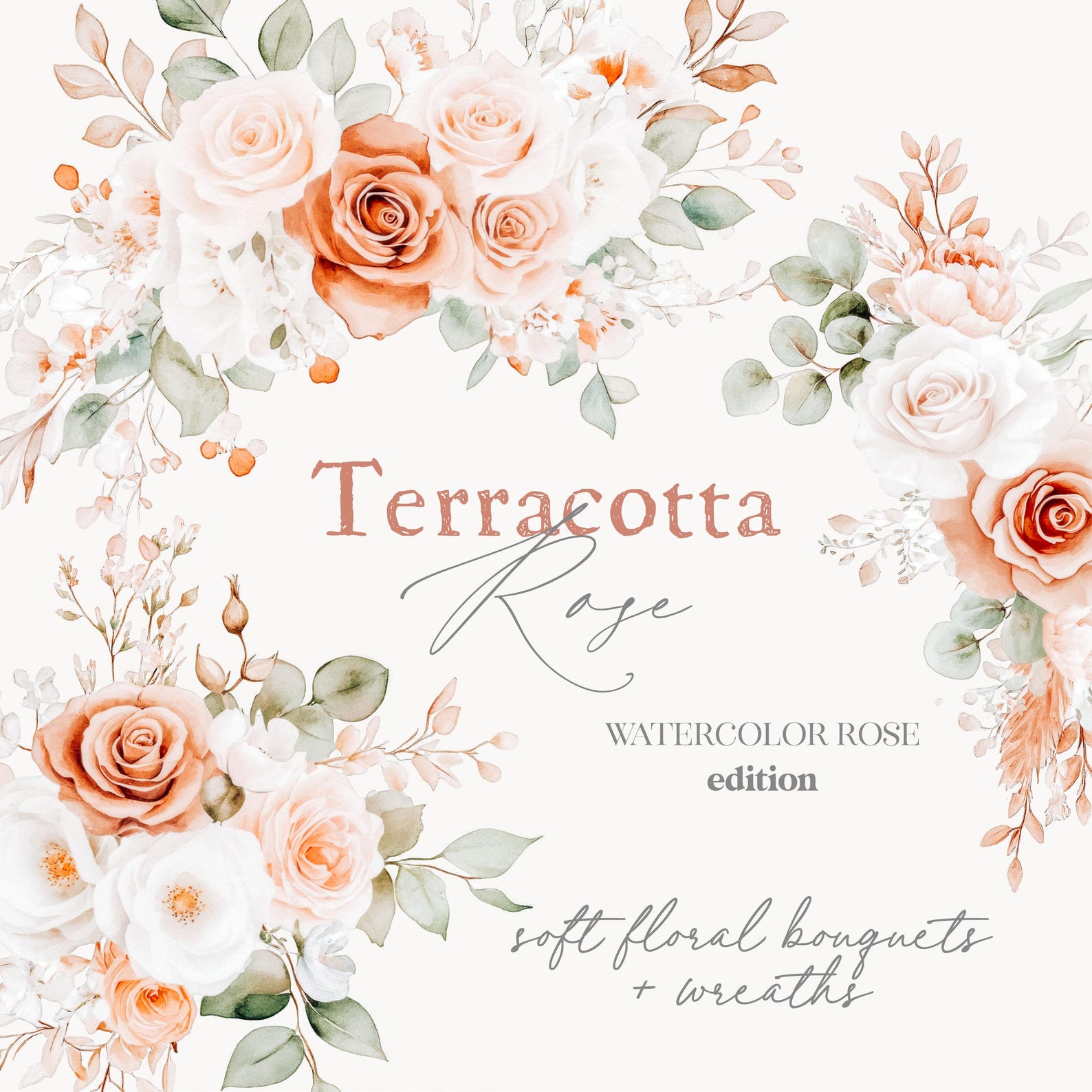 Terracotta Floral Clipart - Neutral Roses - Rose Bouquets - Watercolor ...