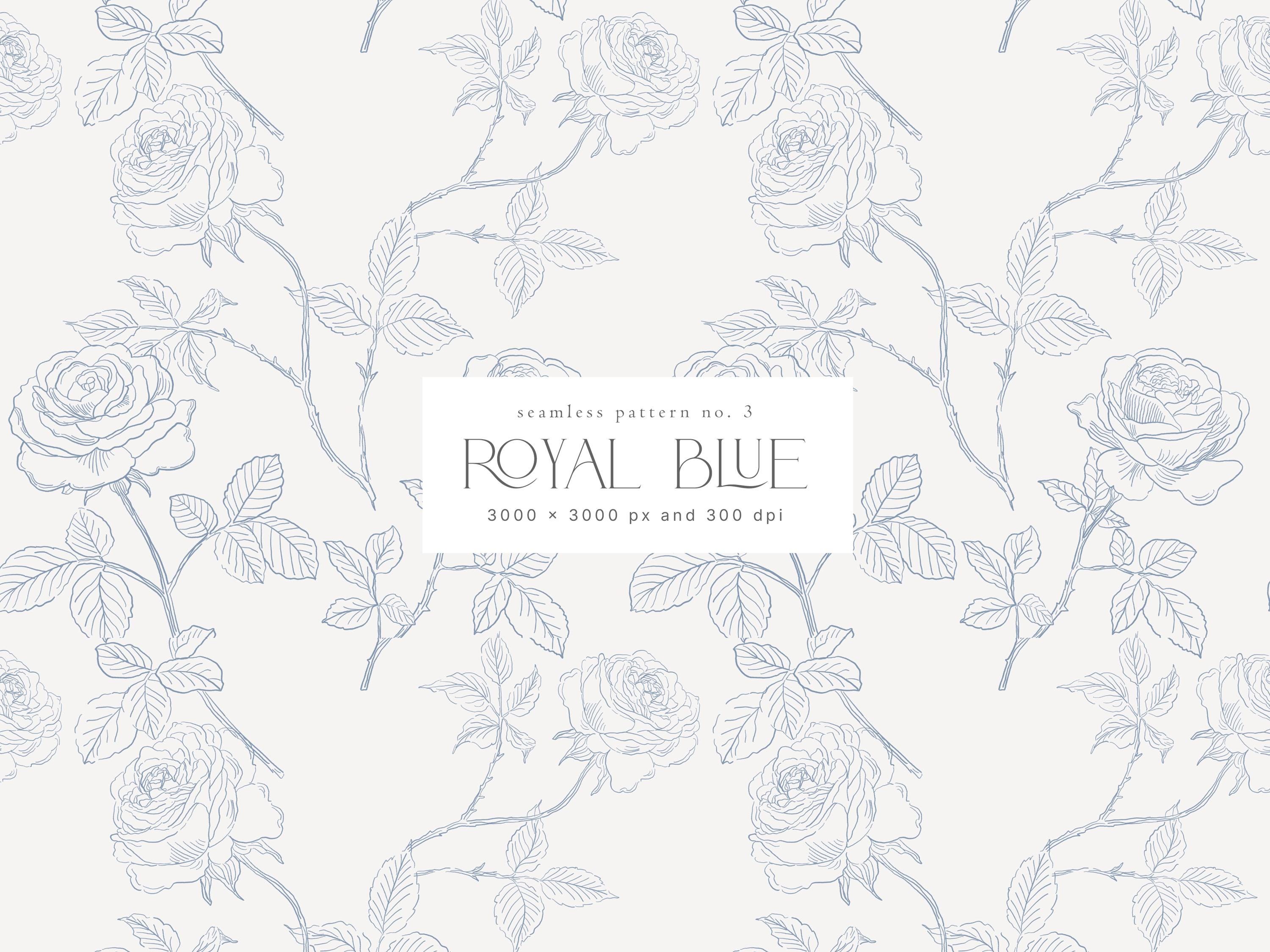 Baroque Inspired Line Art Royal Blue Clipart Set With Seamless Patterns ...
