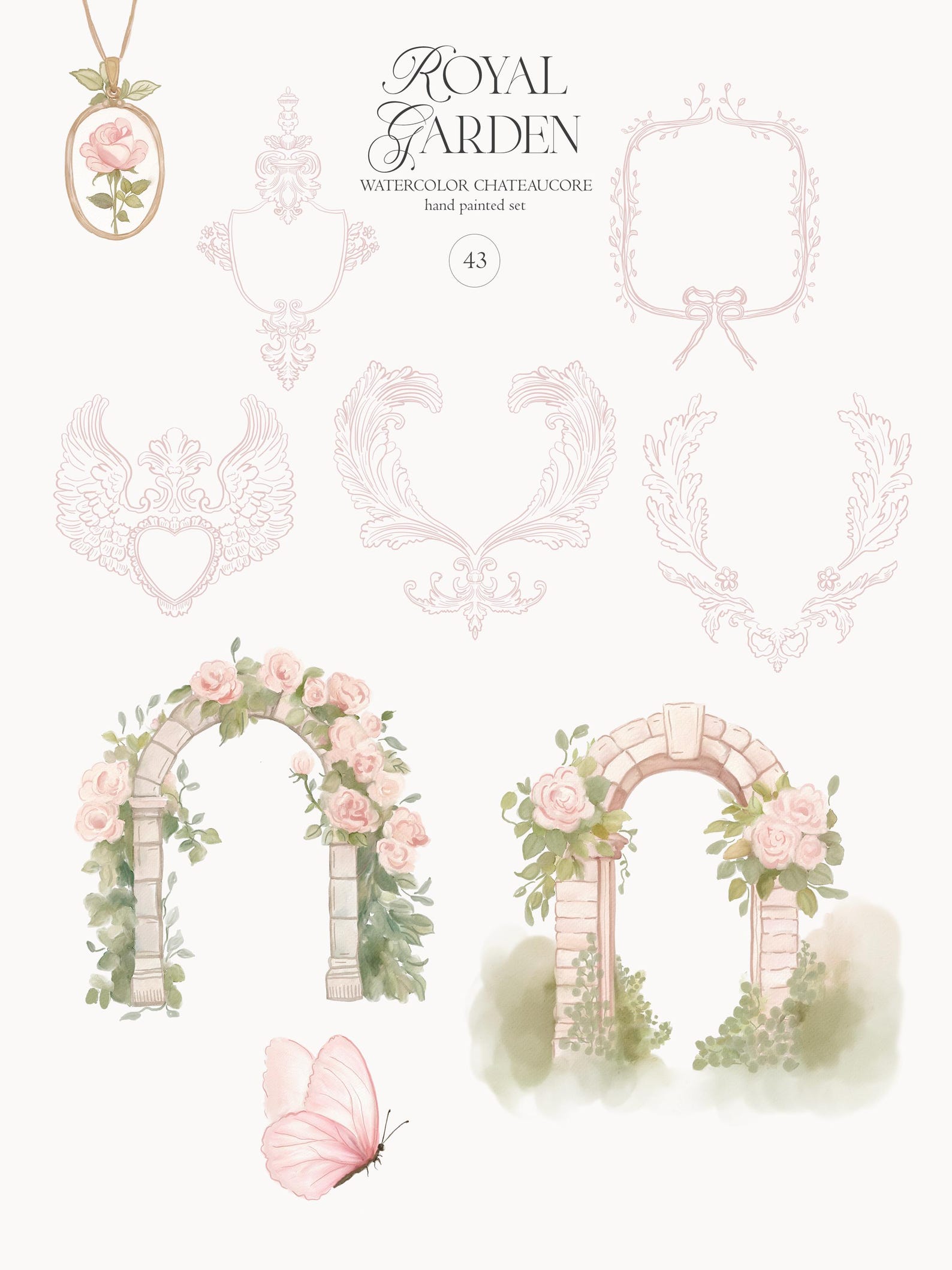 Watercolor Rose Chateau Clipart - Pink Rose Chateaucore Clipart ...