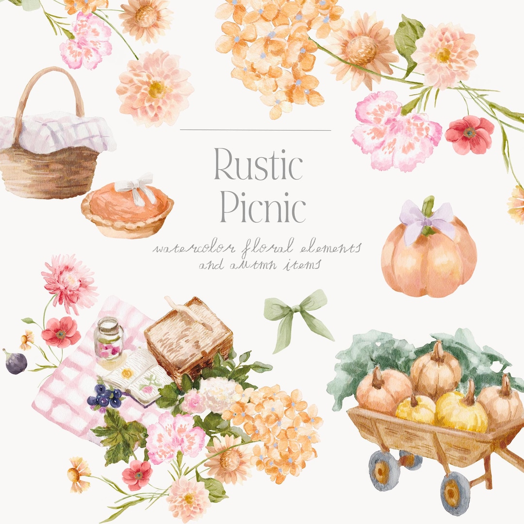 Rustic Autumn Clipart Set - Fall Flowers - Picnic Clipart - Watercolor ...