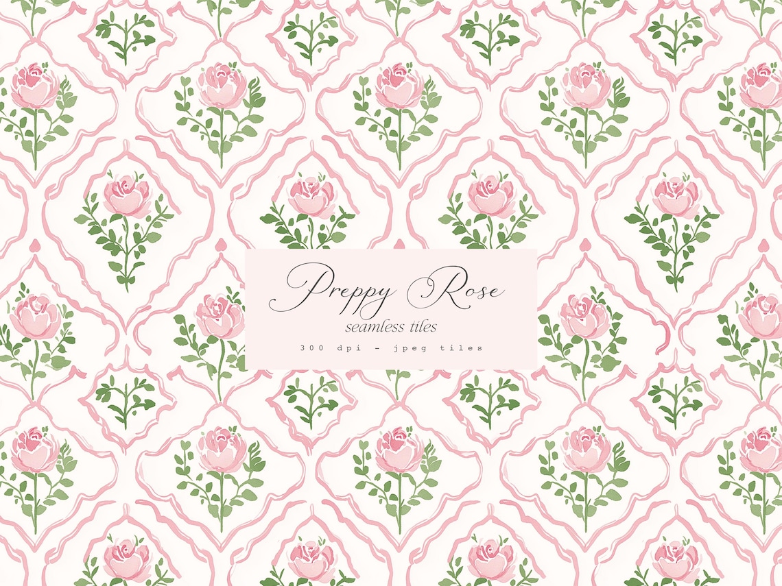 Preppy Rose Seamless Patterns in Grandmillenial Style - Watercolor ...