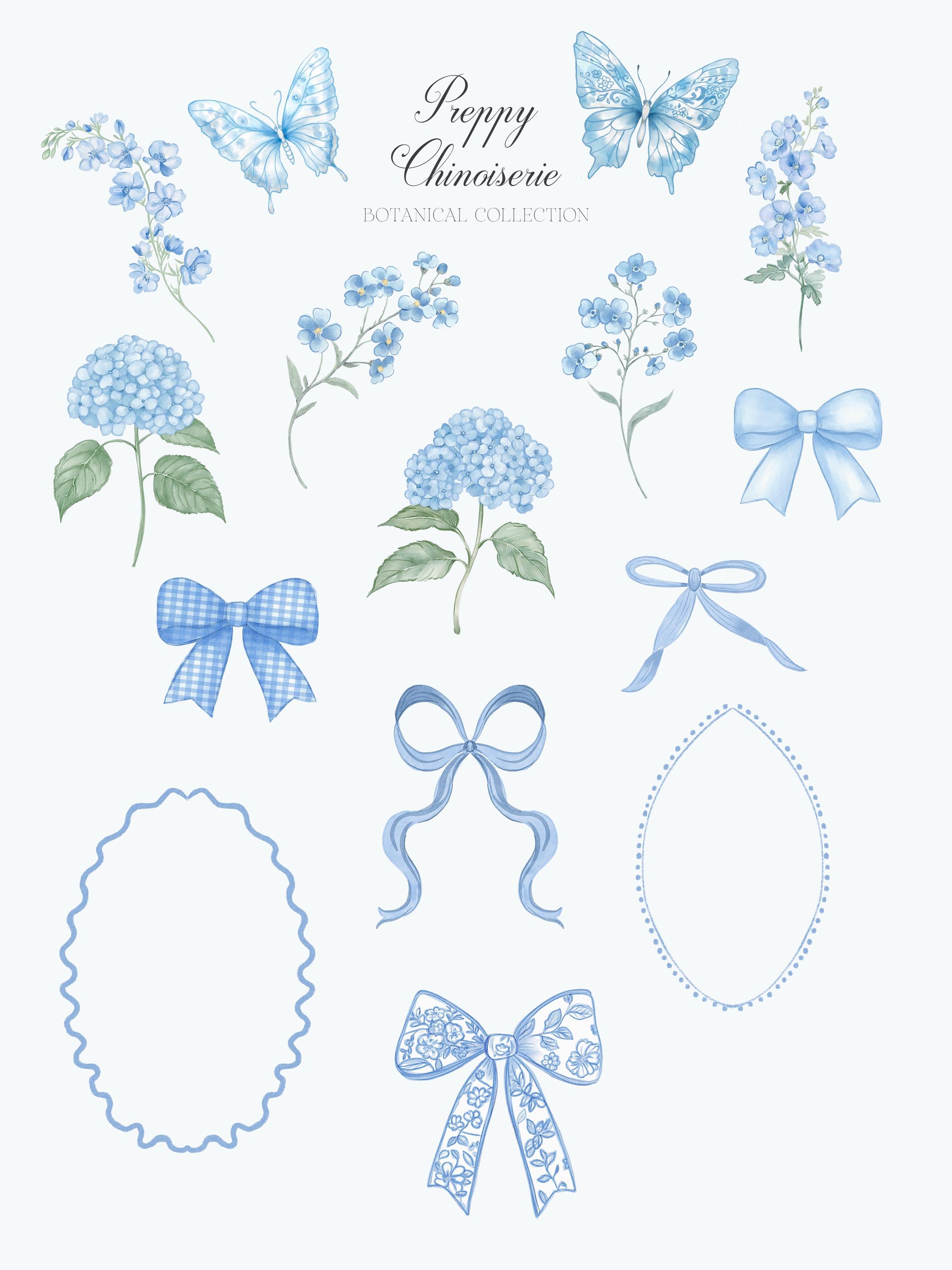 Watercolor Blue Preppy Chinoiserie Clipart Collection - Blue Hydrangea ...