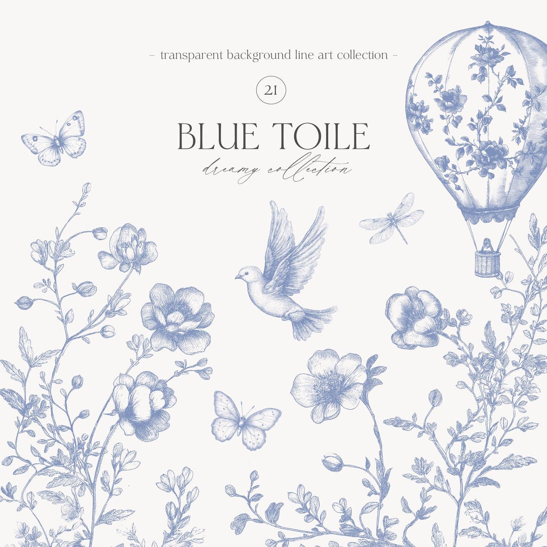 Blue Ink Line Art Toile Style Botanical Collection - Blue Chinoiserie ...
