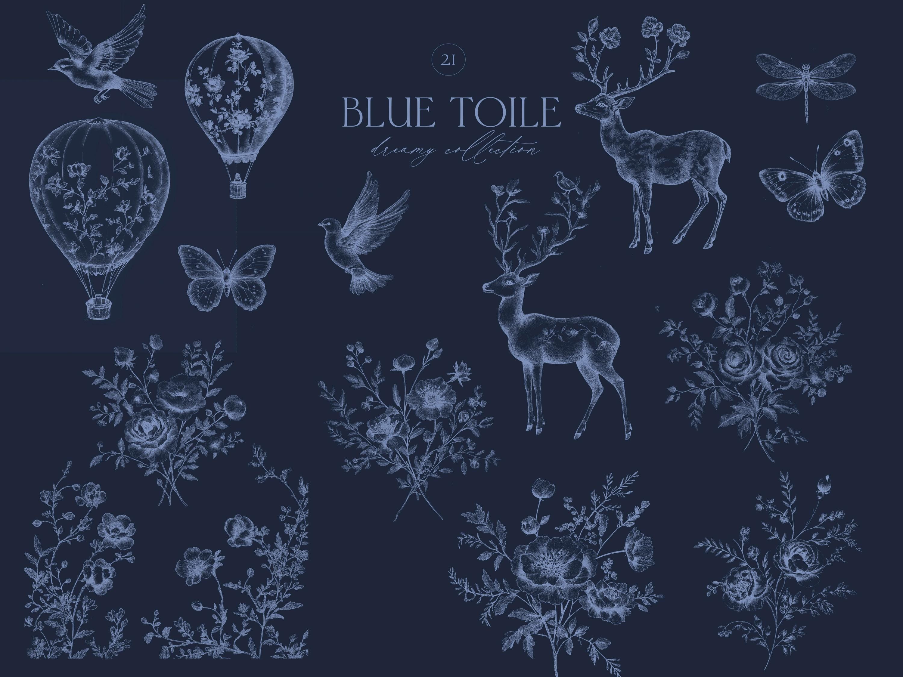 Blue Ink Line Art Toile Style Botanical Collection - Blue Chinoiserie ...