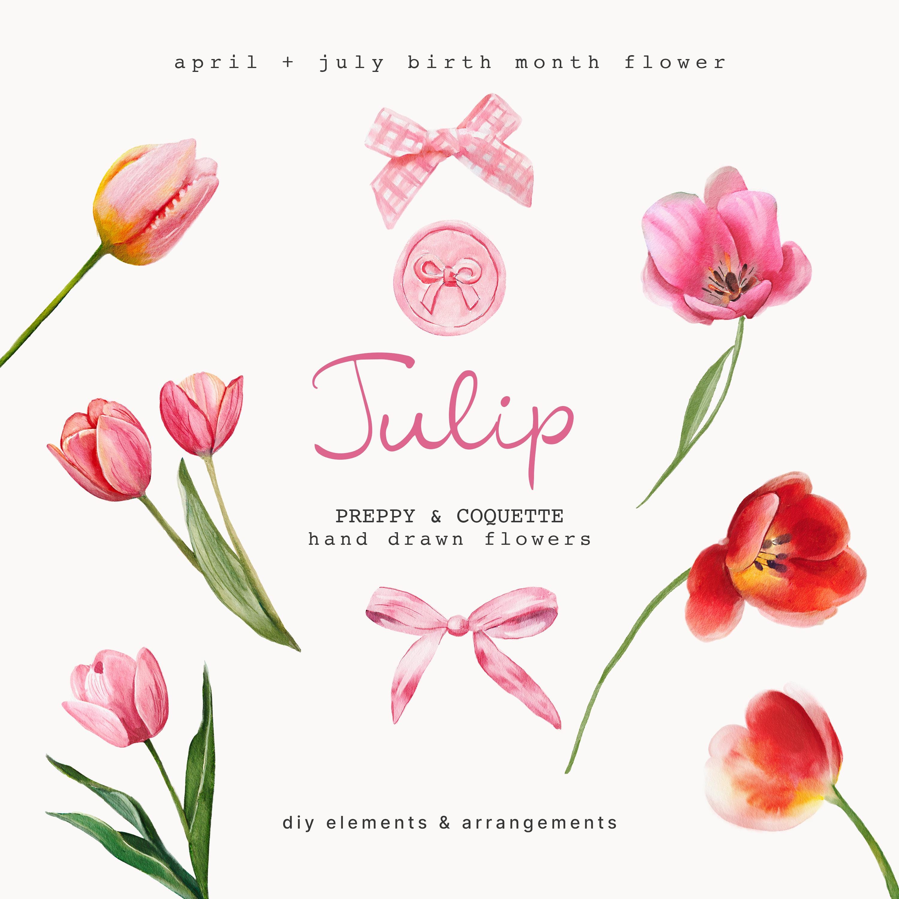 Watercolor Hand Painted Tulips Clipart - April and July Birth Month ...