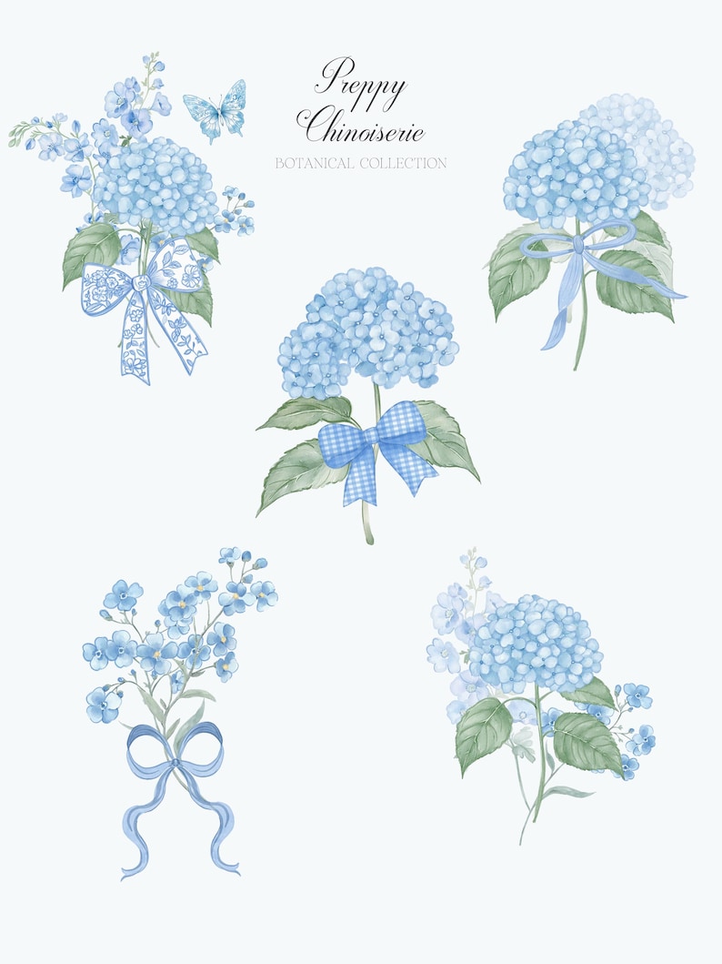 Watercolor Blue Preppy Chinoiserie Clipart Collection - Blue Hydrangea ...