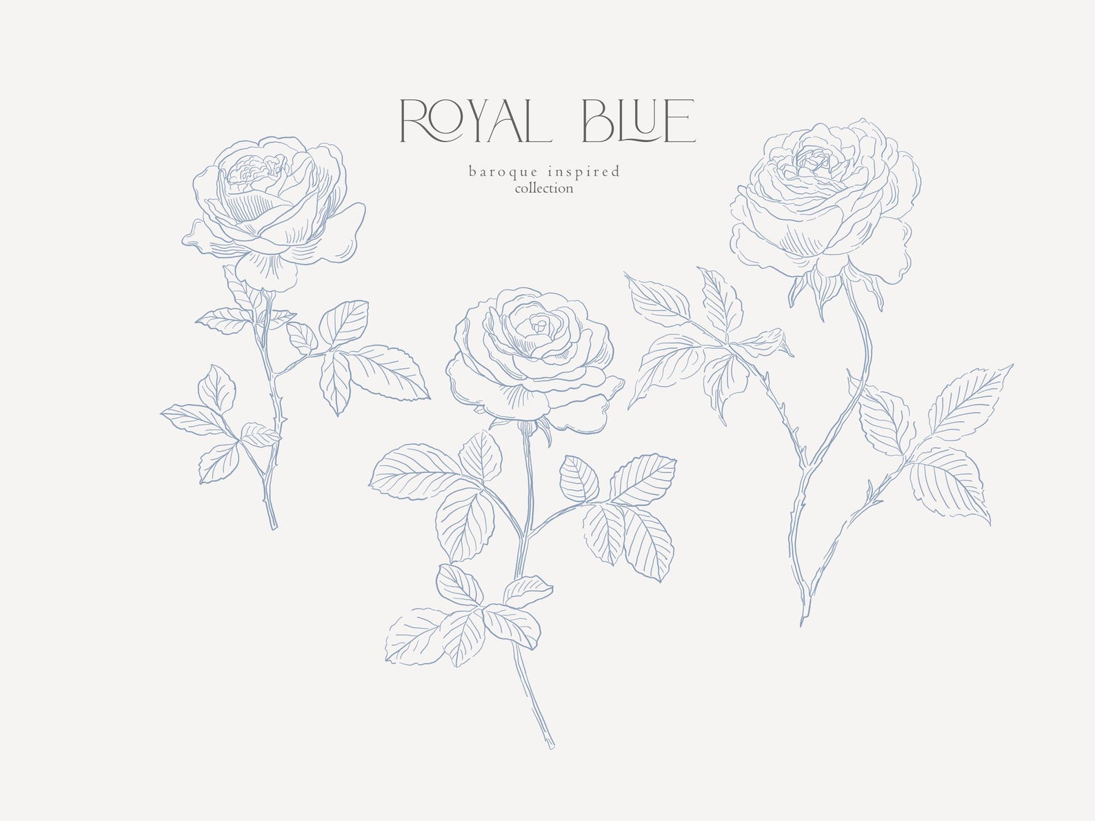 Baroque Inspired Line Art Royal Blue Clipart Set With Seamless Patterns ...