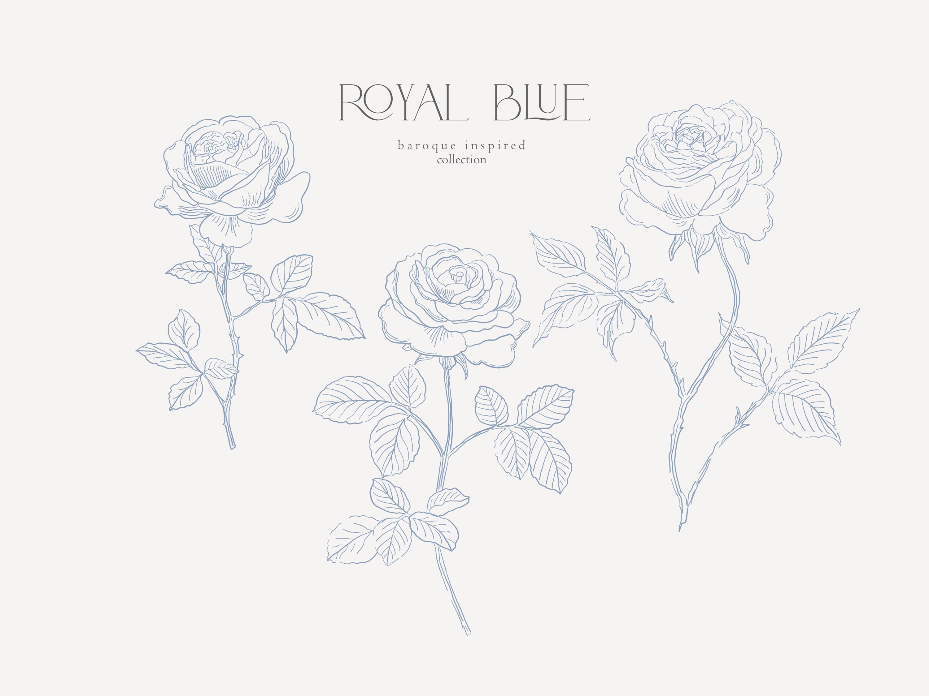 Baroque Inspired Line Art Royal Blue Clipart Set With Seamless Patterns ...