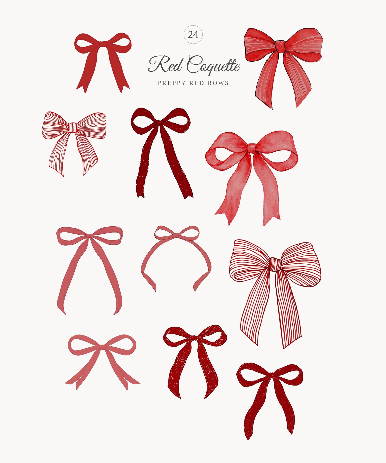 Watercolor Red Coquette Bows - Red Ribbons - Preppy Red Bows - Preppy ...