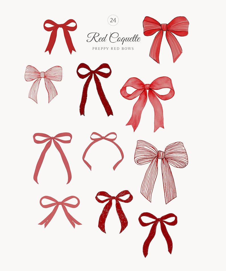 Watercolor Red Coquette Bows - Red Ribbons - Preppy Red Bows - Preppy ...