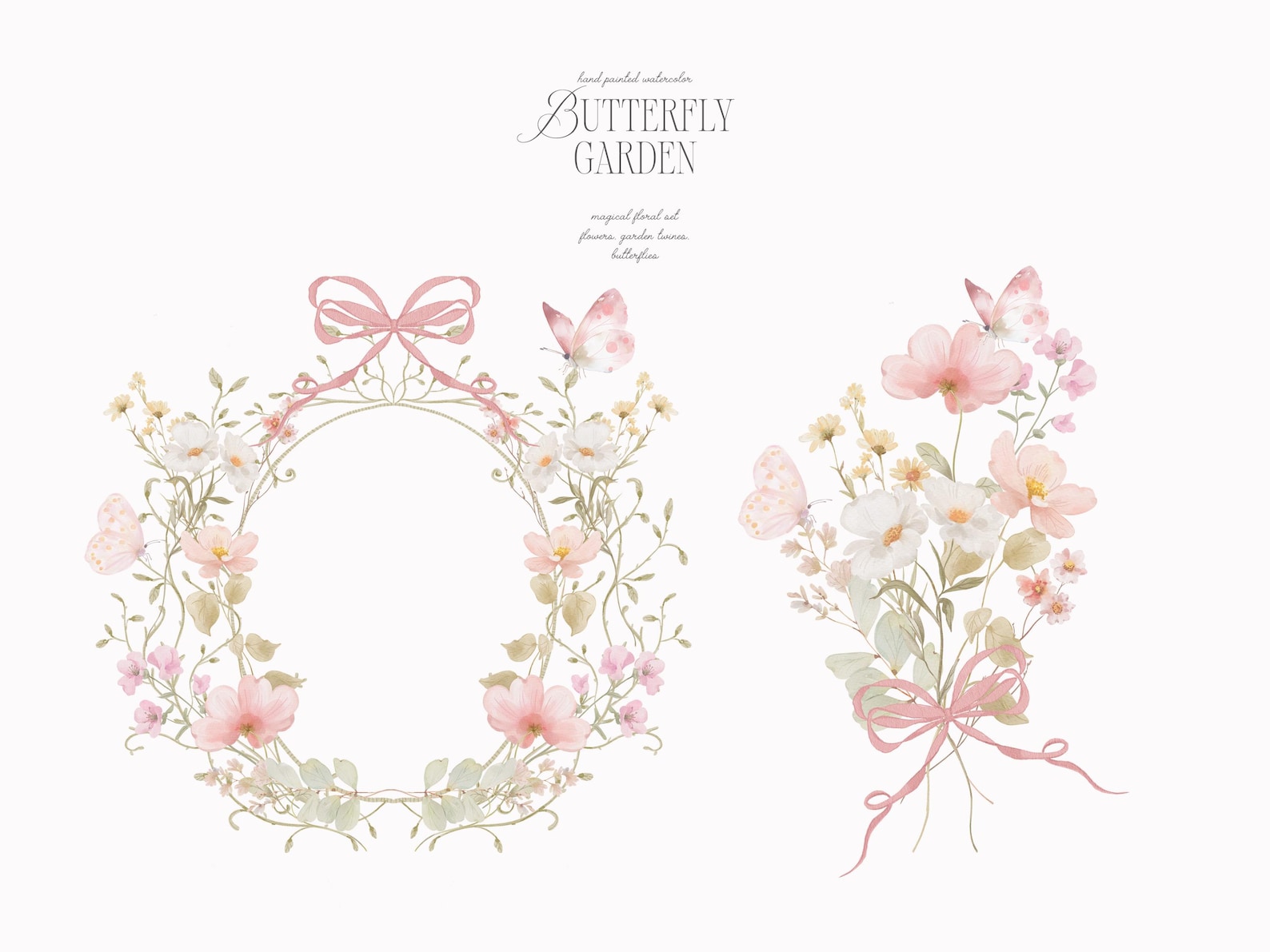 Hand Painted Watercolor Blush Butterfly Garden Clipart Set With Wild ...