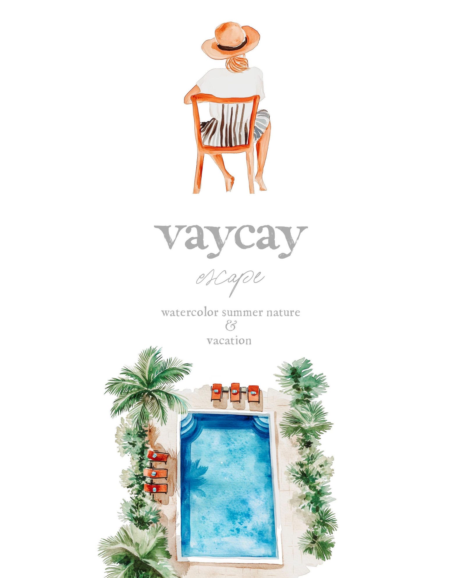 Summer Vacation Watercolor Clipart Set - Tropical Clipart - Pool ...