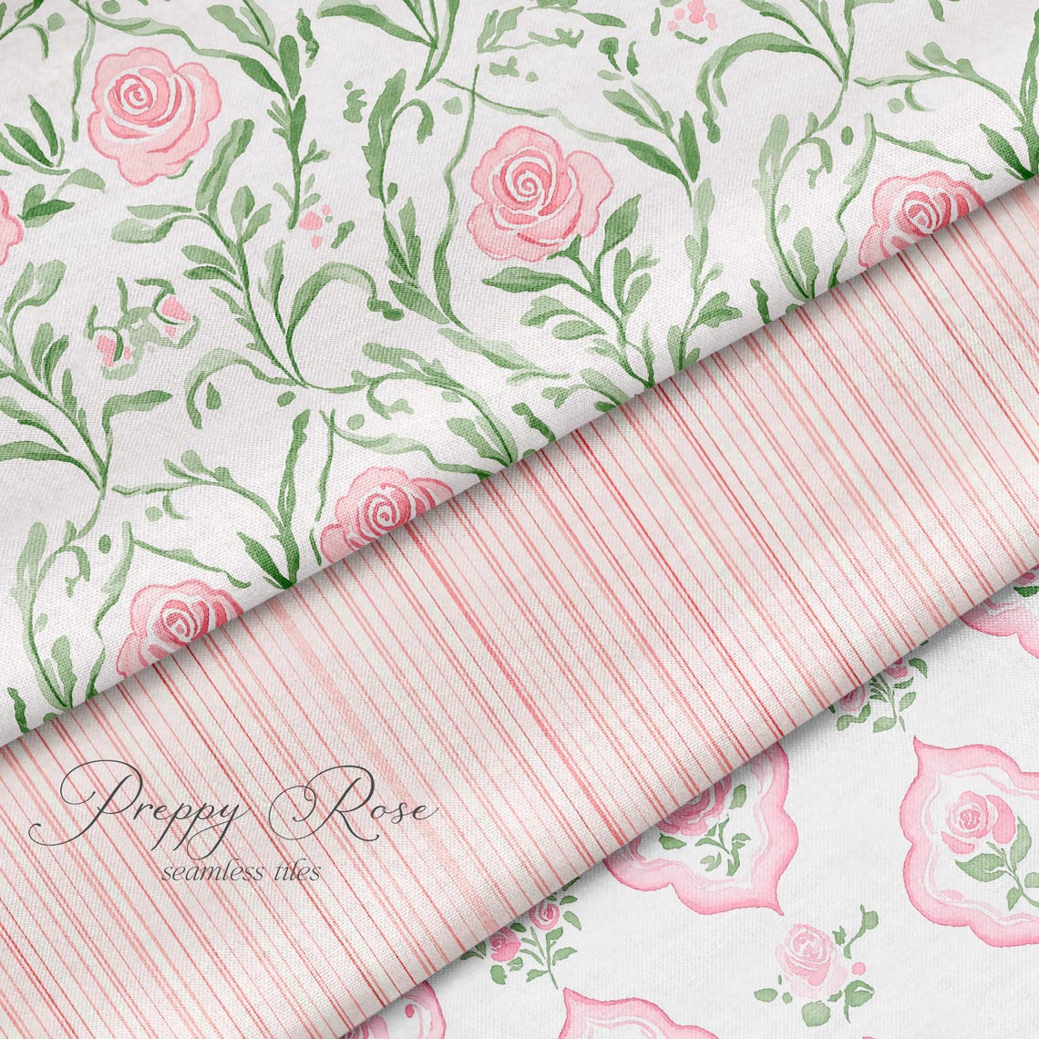 Preppy Rose Seamless Patterns in Grandmillenial Style - Watercolor ...