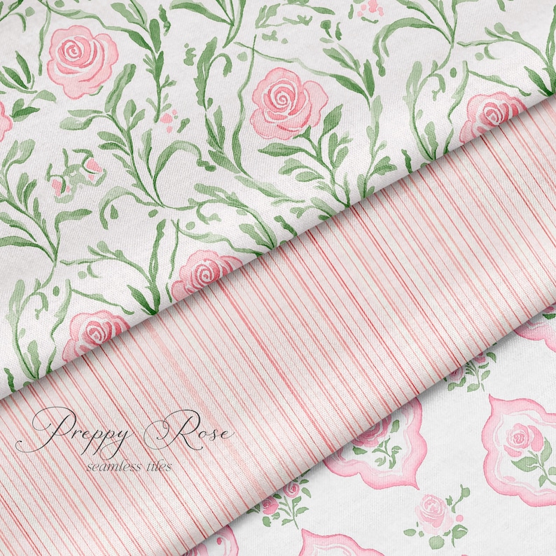 Preppy Rose Seamless Patterns in Grandmillenial Style - Watercolor ...