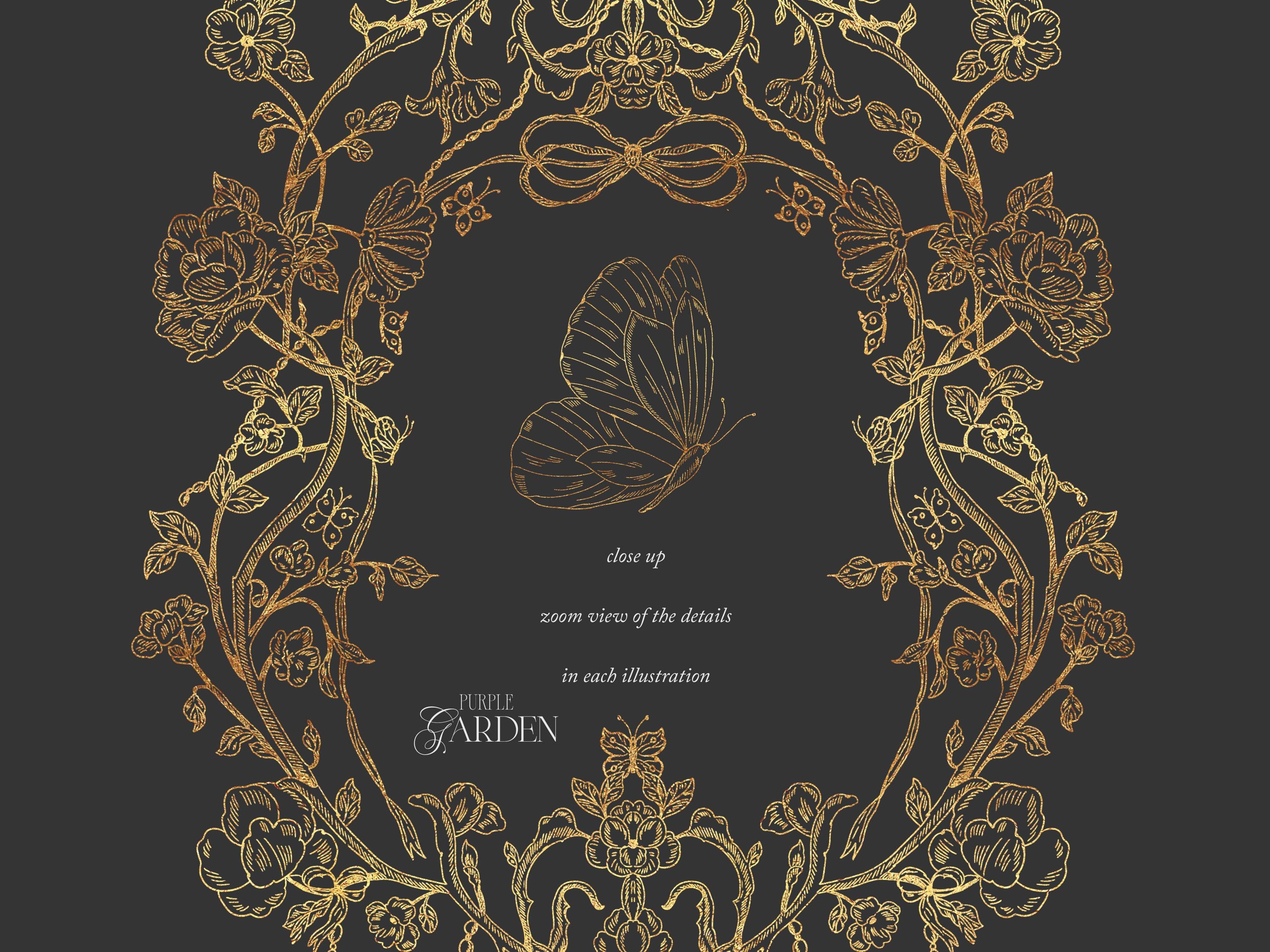 Hand Drawn Vintage Line Art Purple Flowers Rococo Style Frame ...