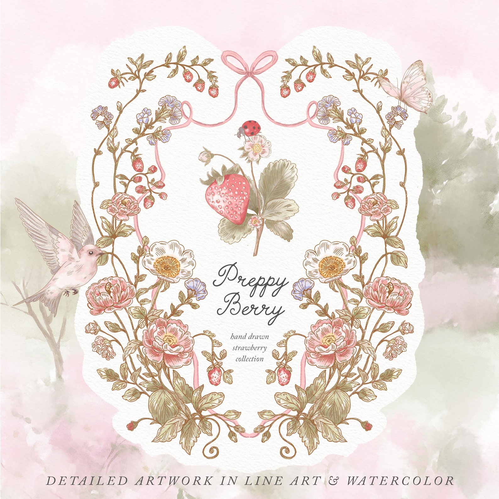 Hand Drawn Preppy Strawberry Vintage Line Art Collection - Not AI - Etsy
