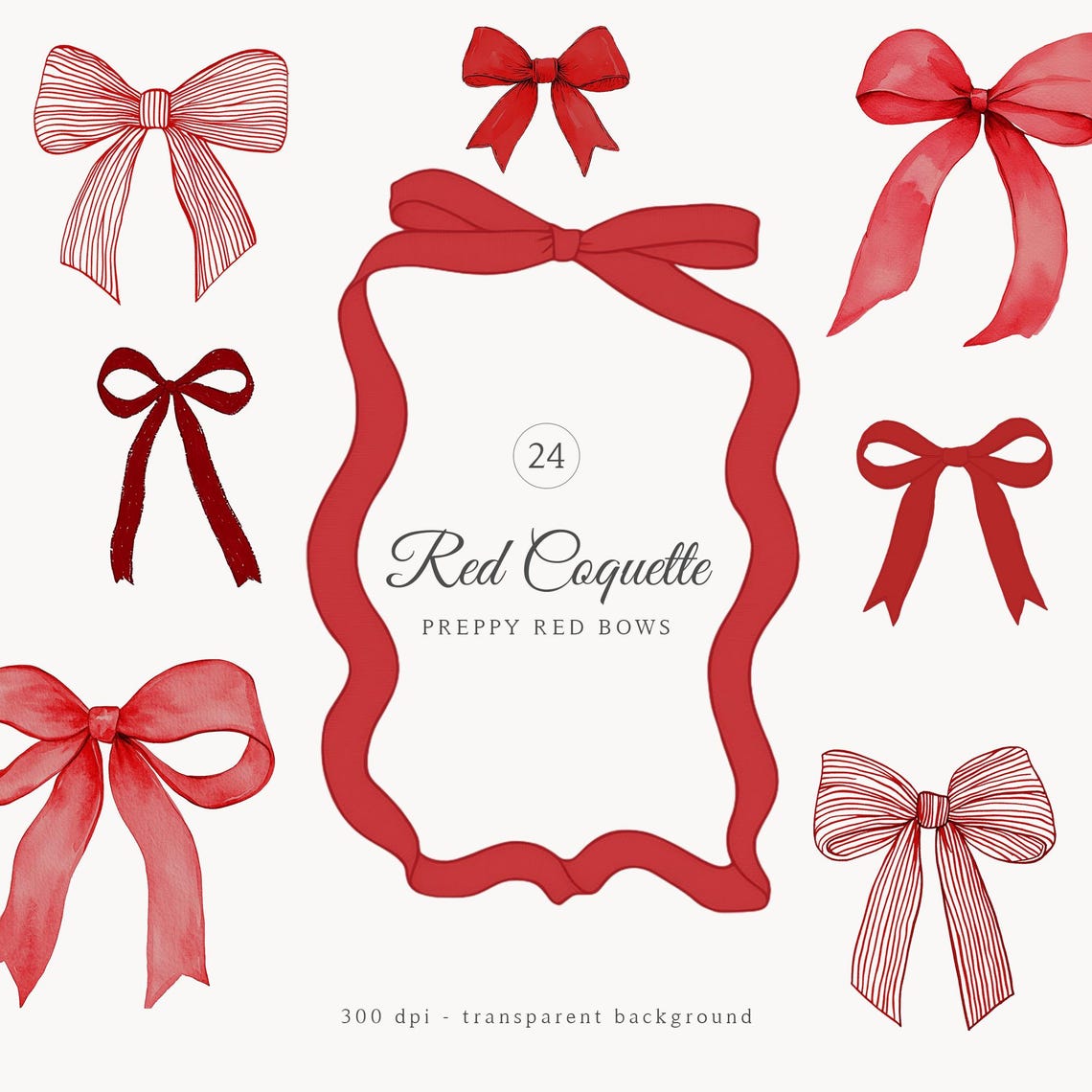 Watercolor Red Coquette Bows - Red Ribbons - Preppy Red Bows - Preppy ...