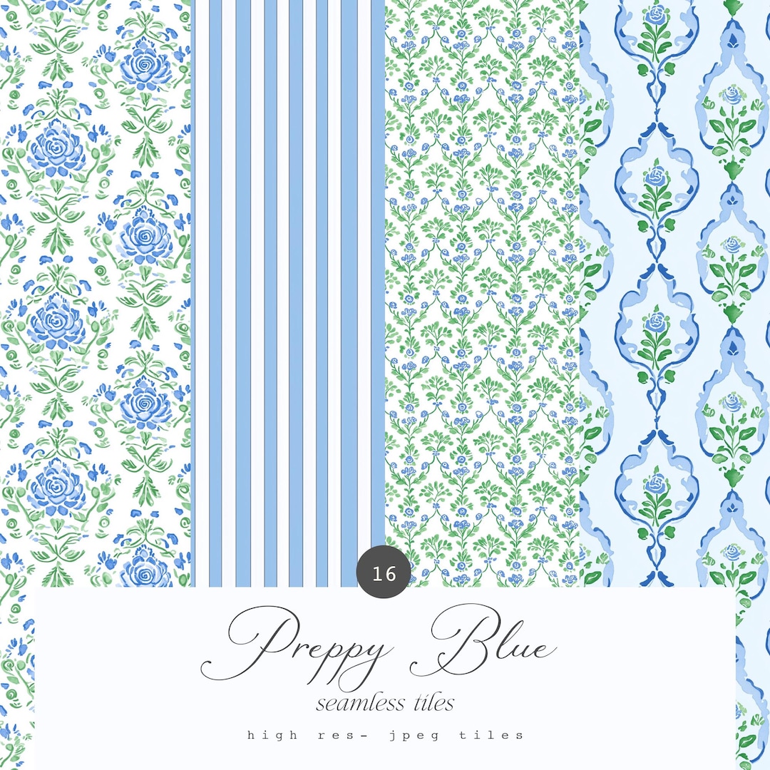Watercolor Vintage Preppy Blue Seamless Patterns - Coquette Blue ...