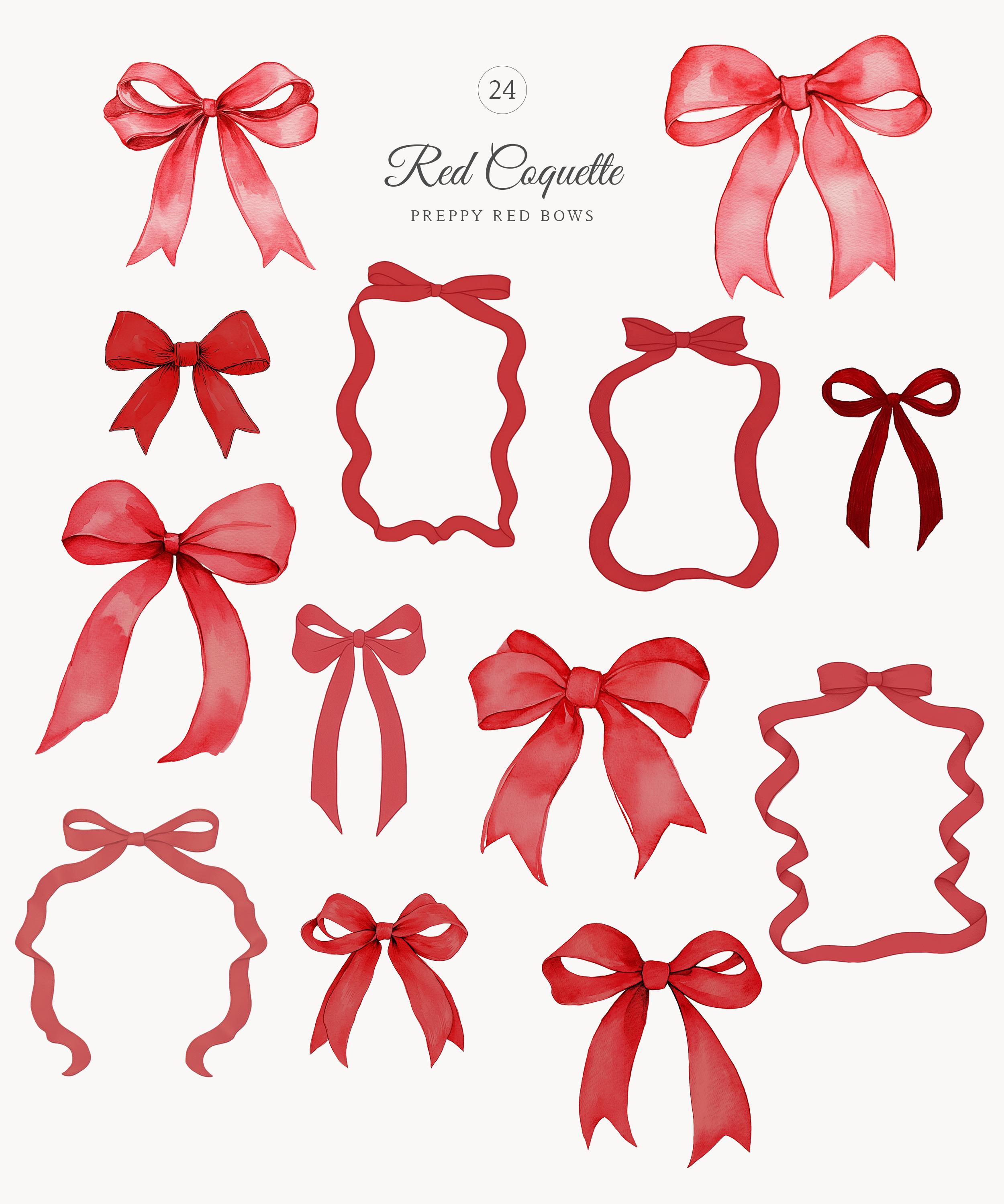 Watercolor Red Coquette Bows - Red Ribbons - Preppy Red Bows - Preppy ...
