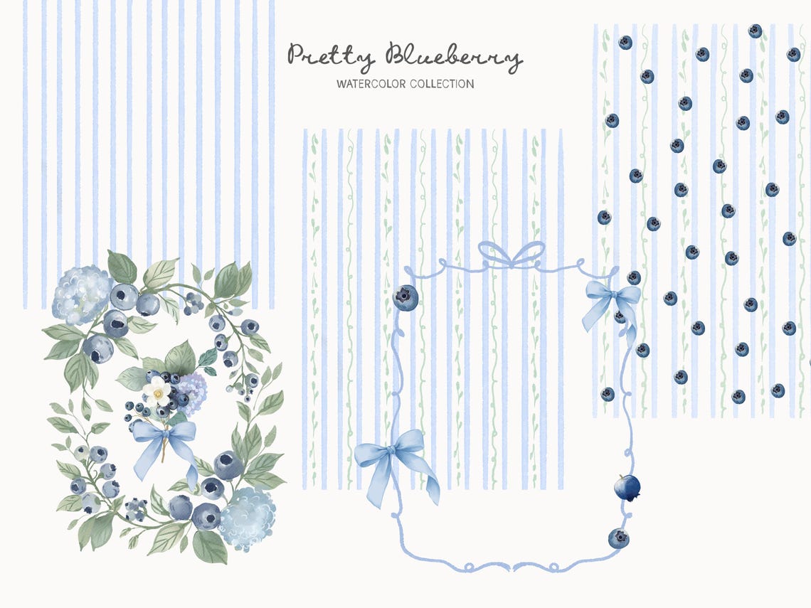Watercolor Preppy Blueberry Clipart Collection - Not AI - Etsy