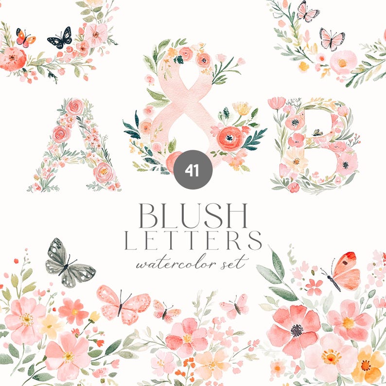 Watercolor Blush Alphabet - Blush Flowers - Floral Letters - Watercolor ...