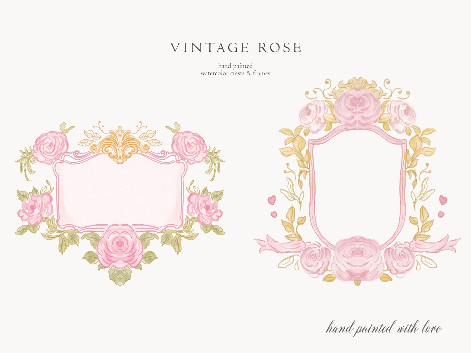 Watercolor Hand Painted Vintage Crests - Rococo Style Dusty Rose Crests ...