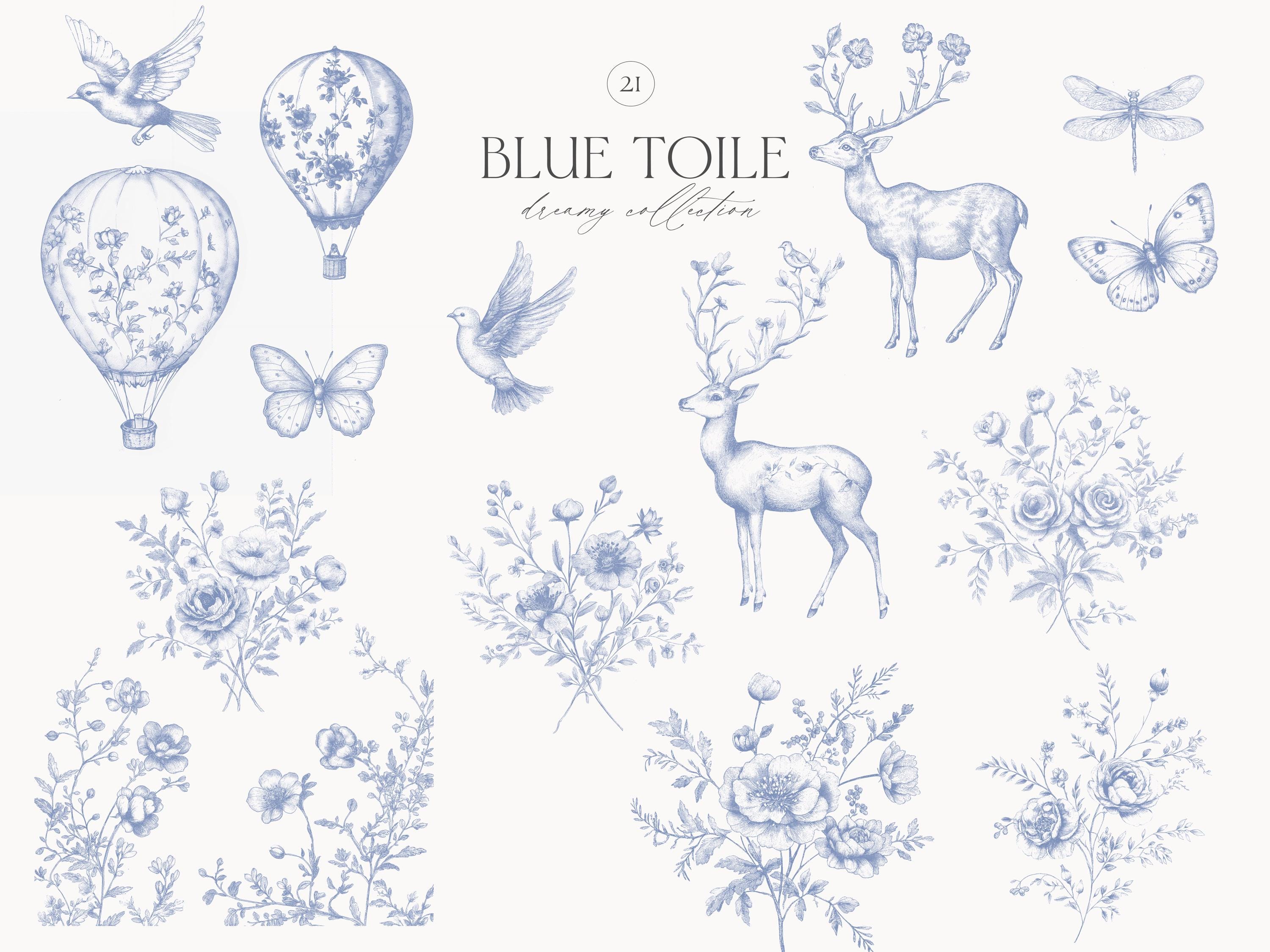 Blue Ink Line Art Toile Style Botanical Collection - Blue Chinoiserie ...
