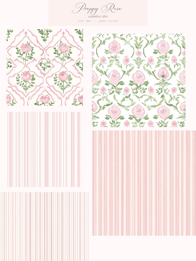 Preppy Rose Seamless Patterns in Grandmillenial Style - Watercolor ...