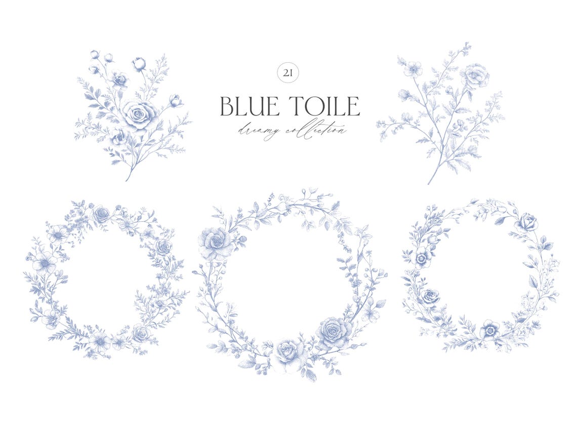 Blue Ink Line Art Toile Style Botanical Collection - Blue Chinoiserie ...