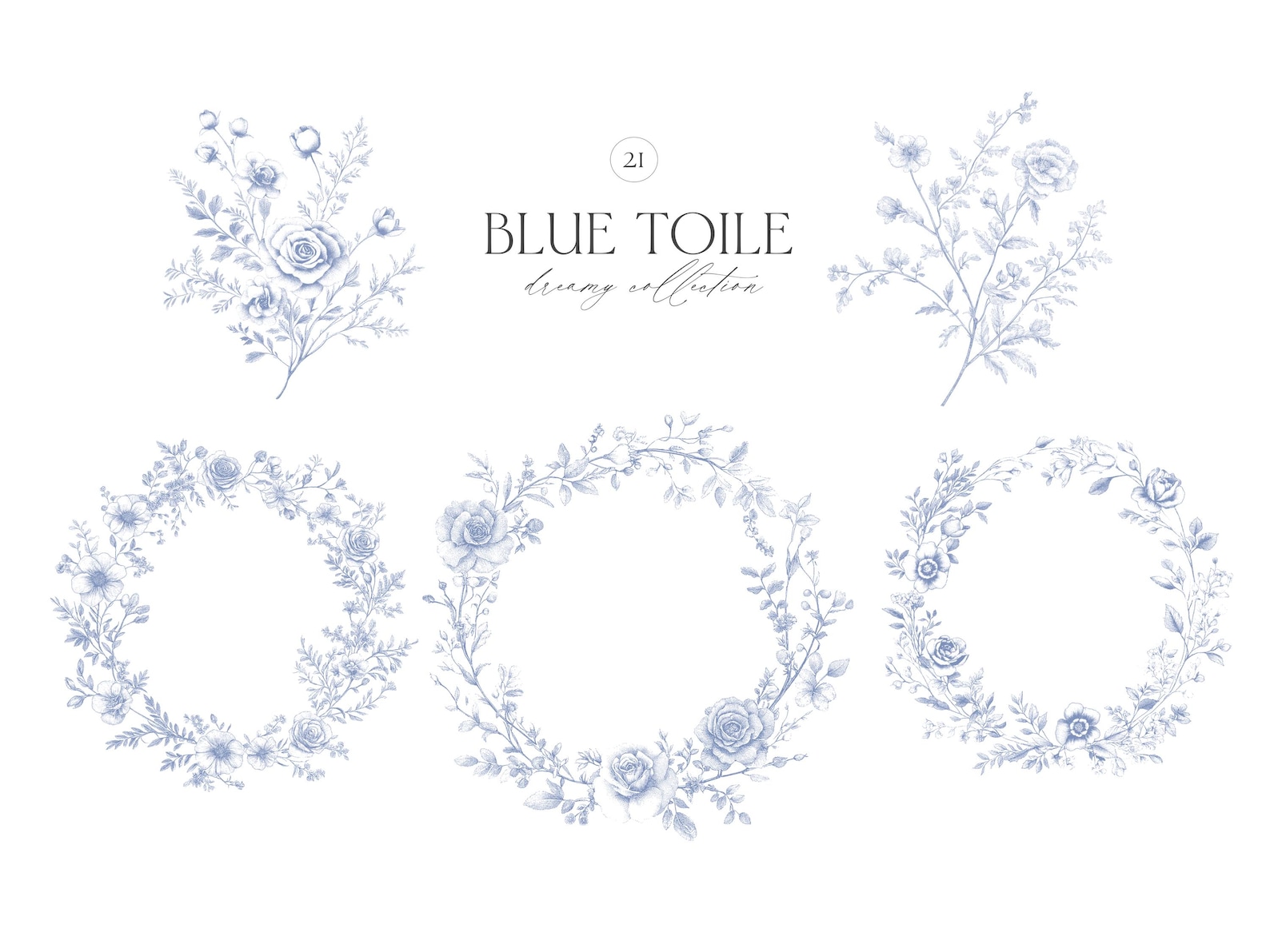 Blue Ink Line Art Toile Style Botanical Collection - Blue Chinoiserie ...