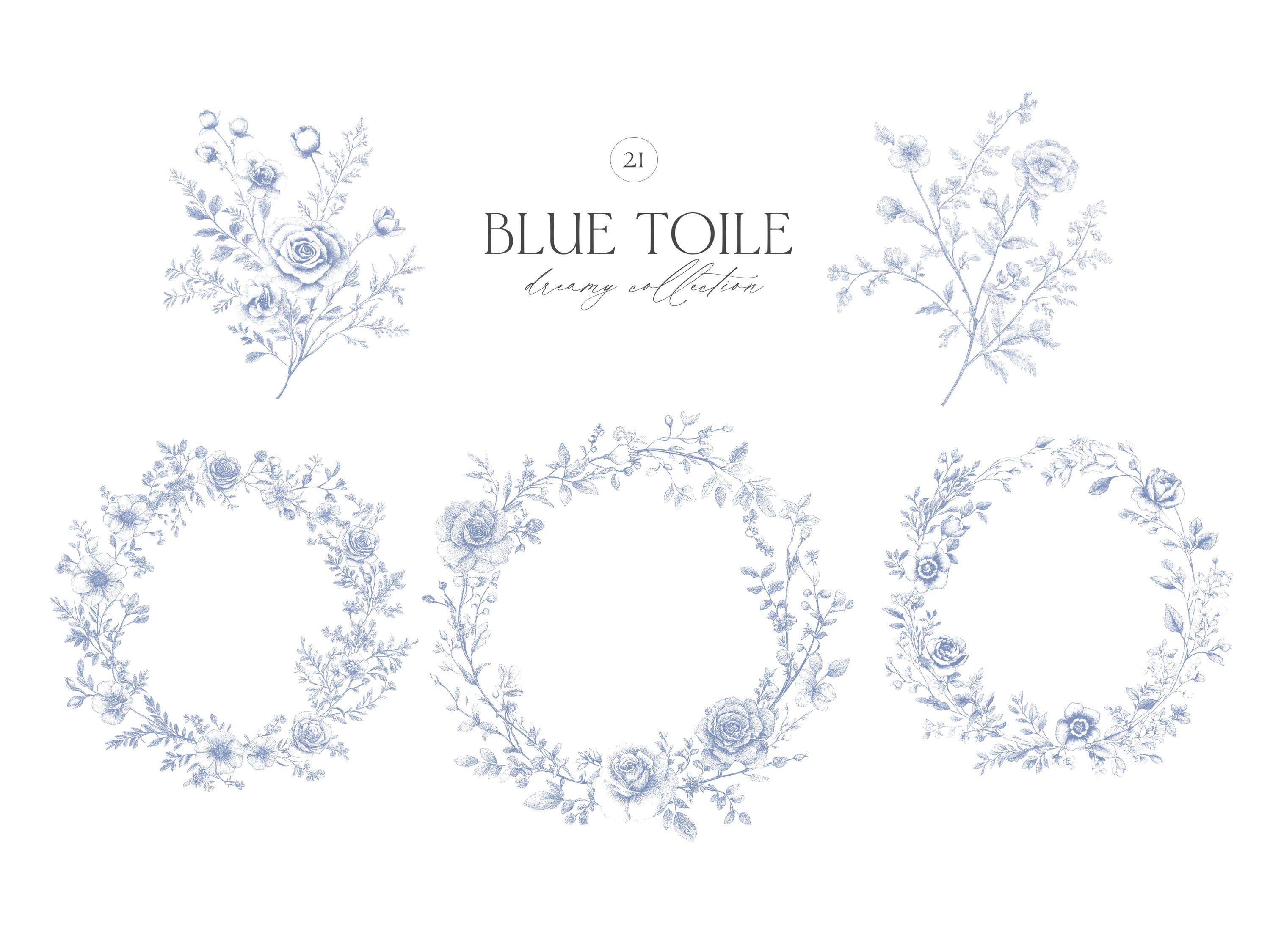 Blue Ink Line Art Toile Style Botanical Collection - Blue Chinoiserie ...