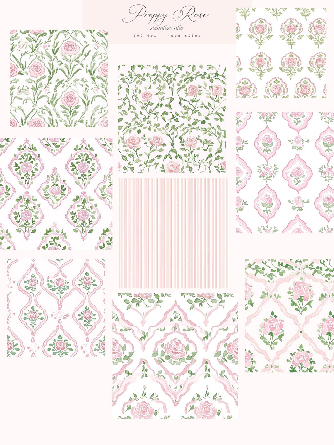 Preppy Rose Seamless Patterns in Grandmillenial Style - Watercolor ...