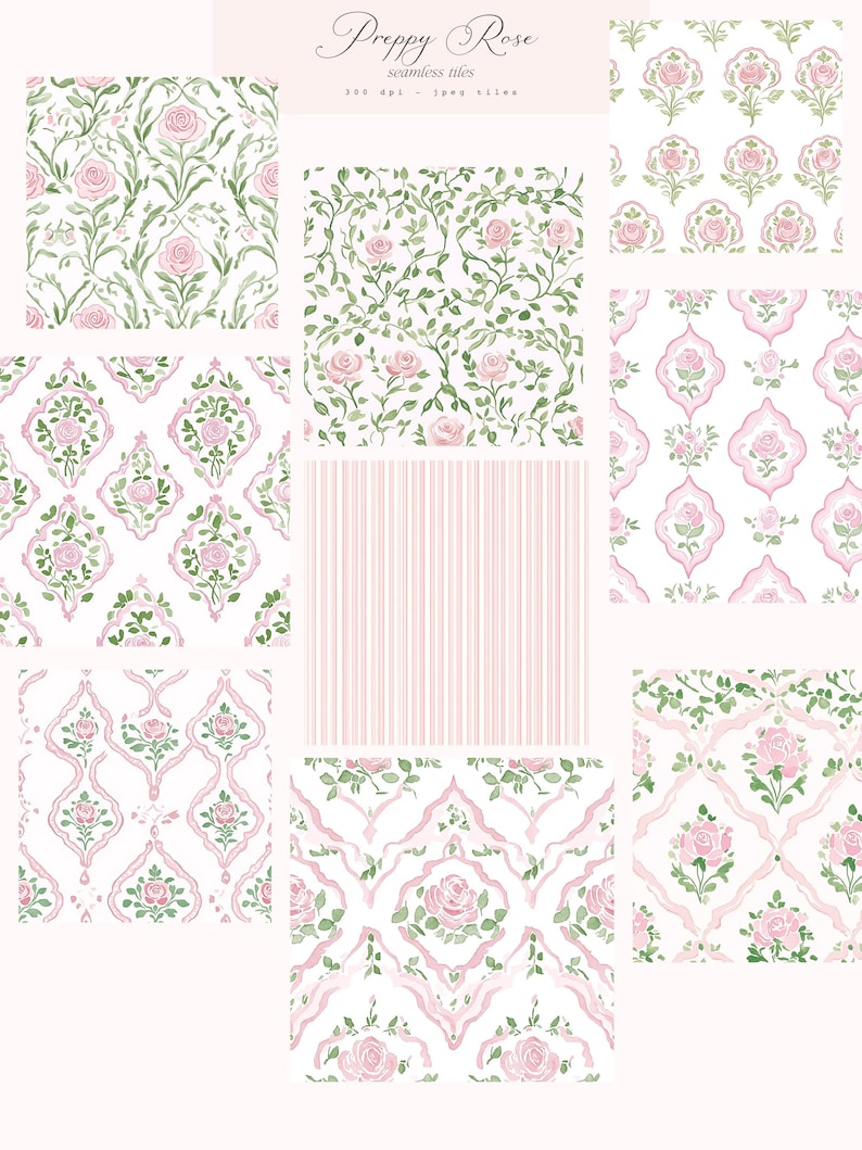 Preppy Rose Seamless Patterns in Grandmillenial Style - Watercolor ...