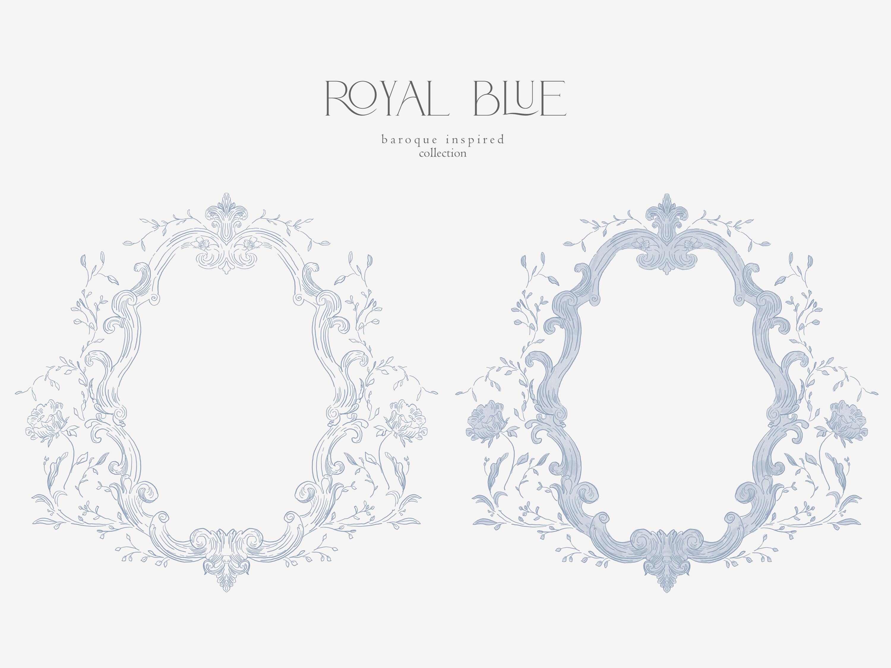 Baroque Inspired Line Art Royal Blue Clipart Set With Seamless Patterns ...