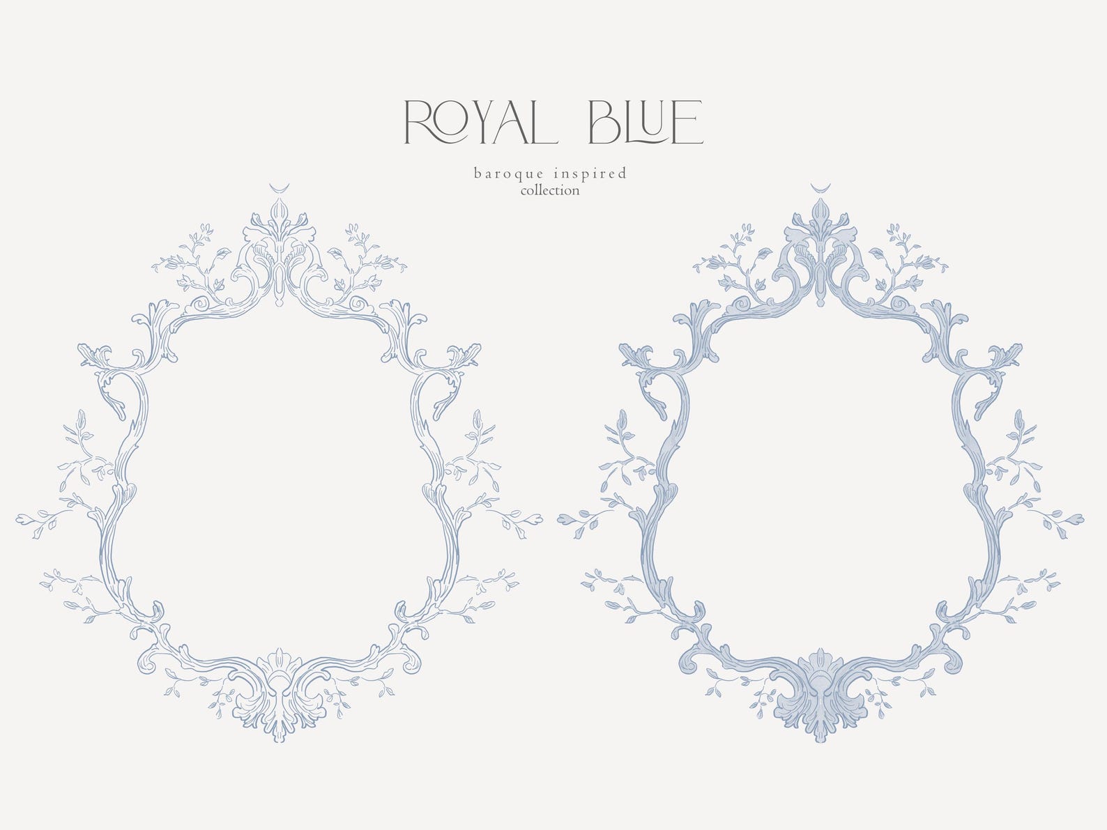 Baroque Inspired Line Art Royal Blue Clipart Set With Seamless Patterns ...
