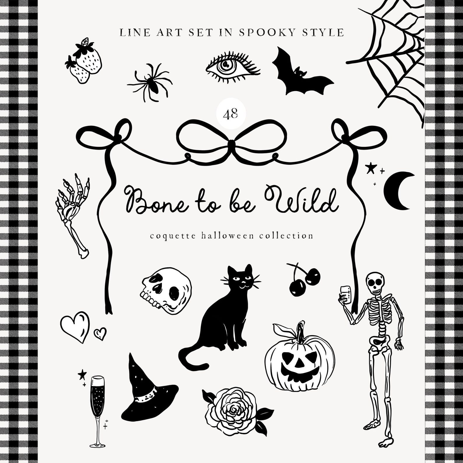 Black Line Art Spooky Groovy Halloween Clipart - Hand Drawn Line Art ...