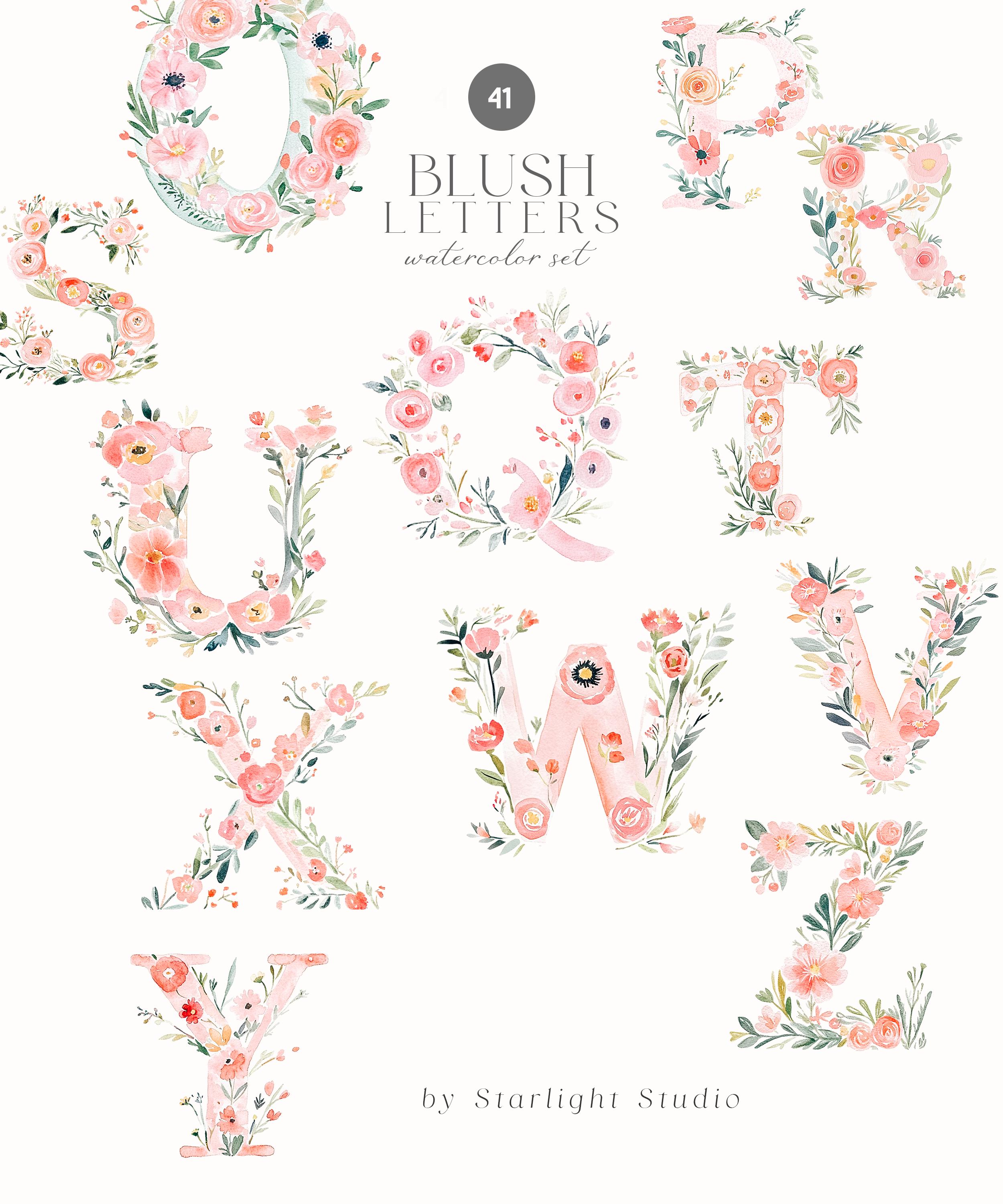 Watercolor Blush Alphabet - Blush Flowers - Floral Letters - Watercolor ...