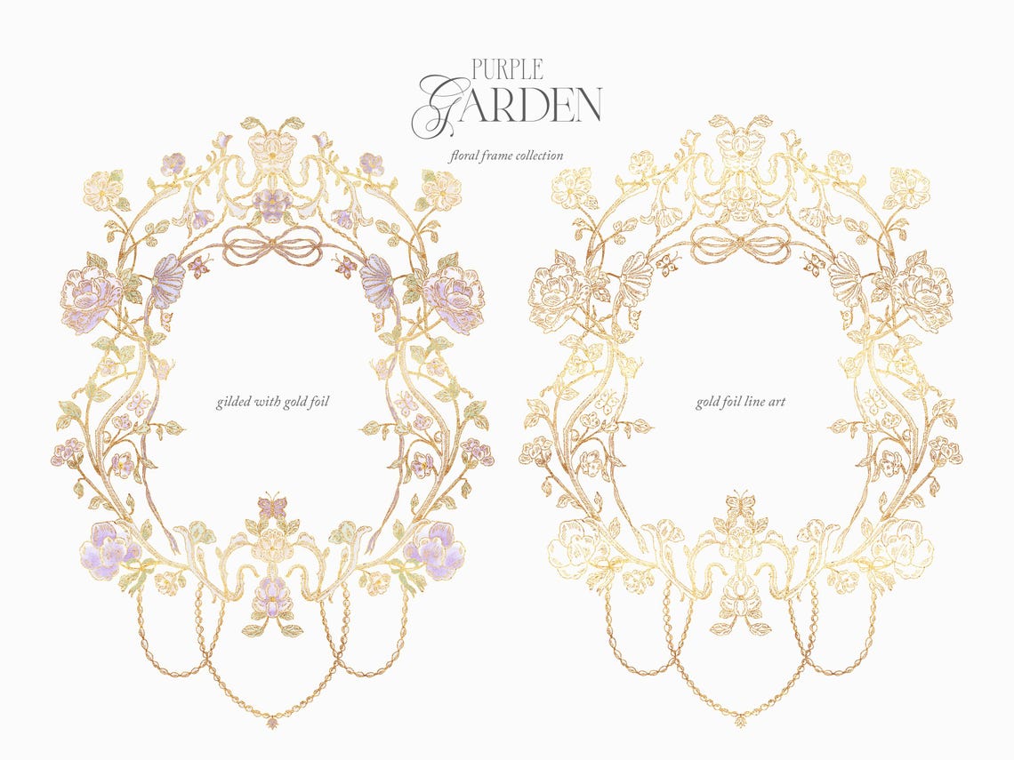 Hand Drawn Vintage Line Art Purple Flowers Rococo Style Frame ...