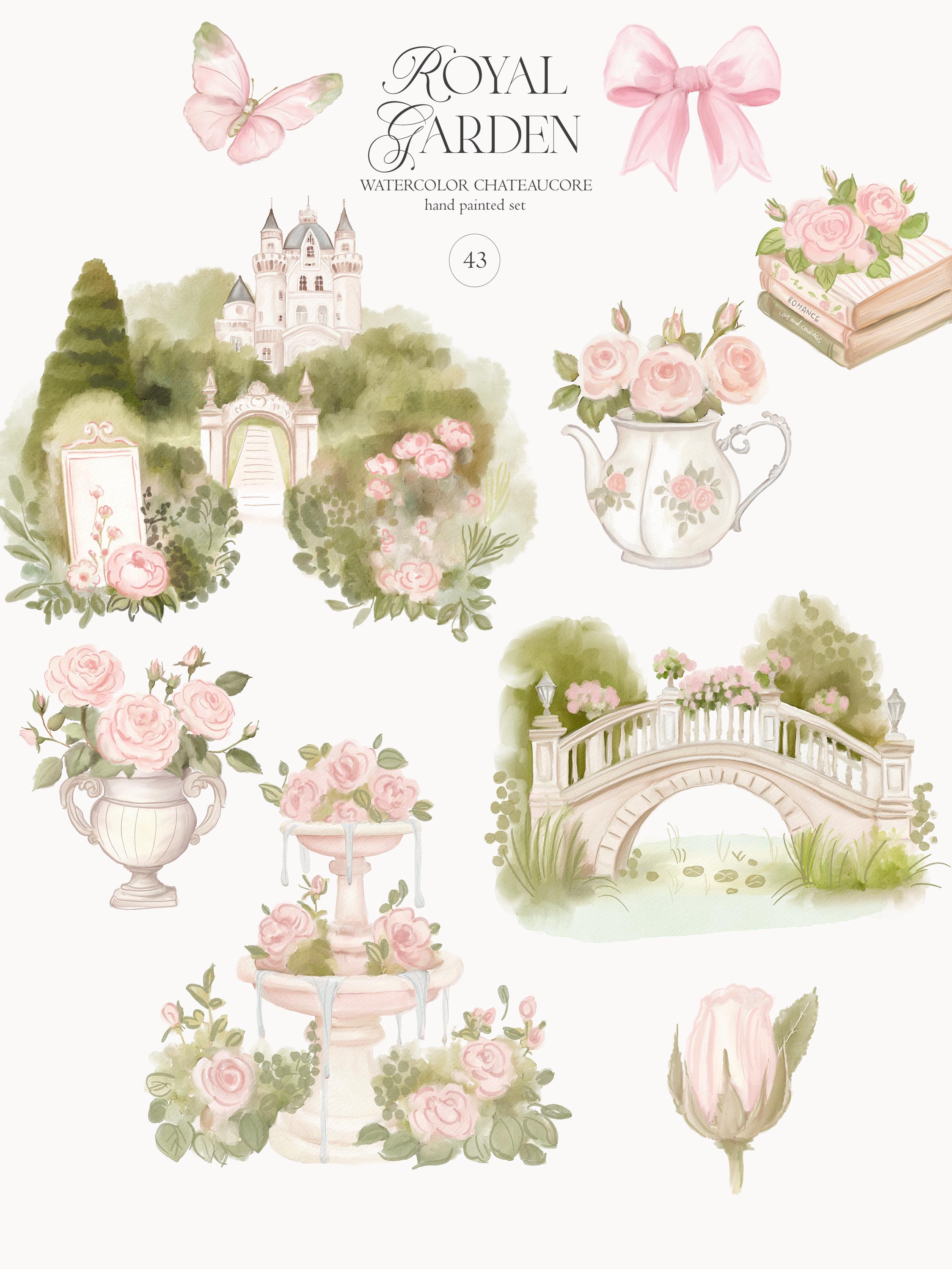 Watercolor Rose Chateau Clipart - Pink Rose Chateaucore Clipart ...