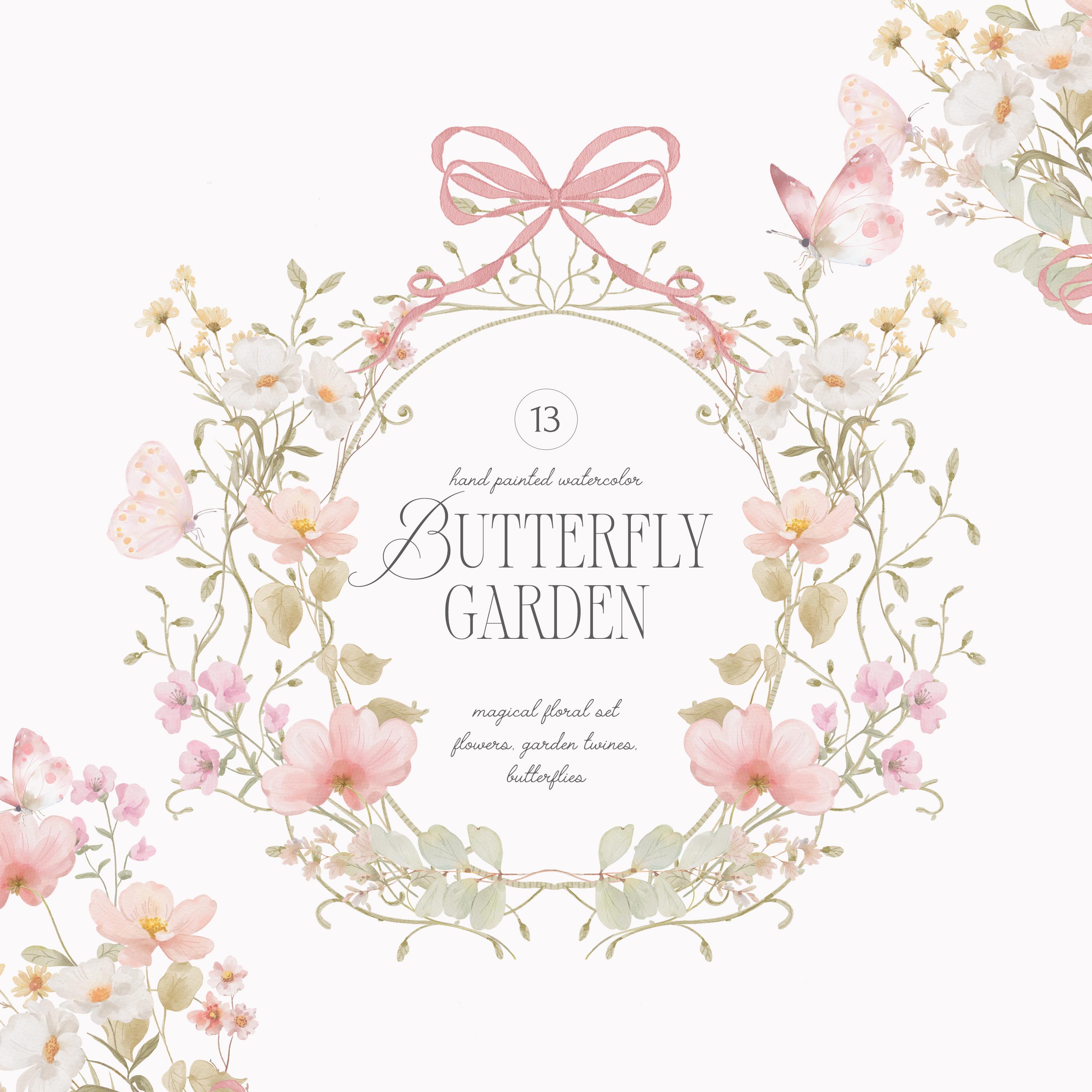 Hand Painted Watercolor Blush Butterfly Garden Clipart Set With Wild ...