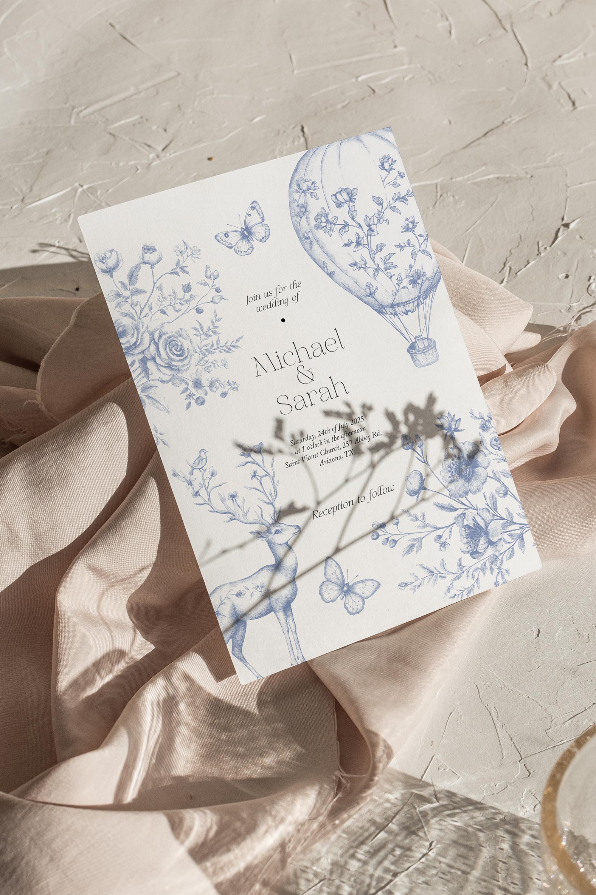 Blue Ink Line Art Toile Style Botanical Collection - Blue Chinoiserie ...