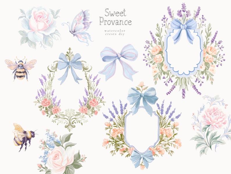 Watercolor Floral Crest DIY - Provence Lavender and Bees Crest - Pastel ...