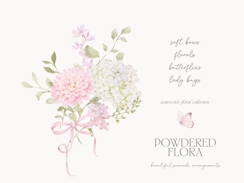 Watercolor Powdered Rose Floral Collection With Butterflies, Bow Frames ...