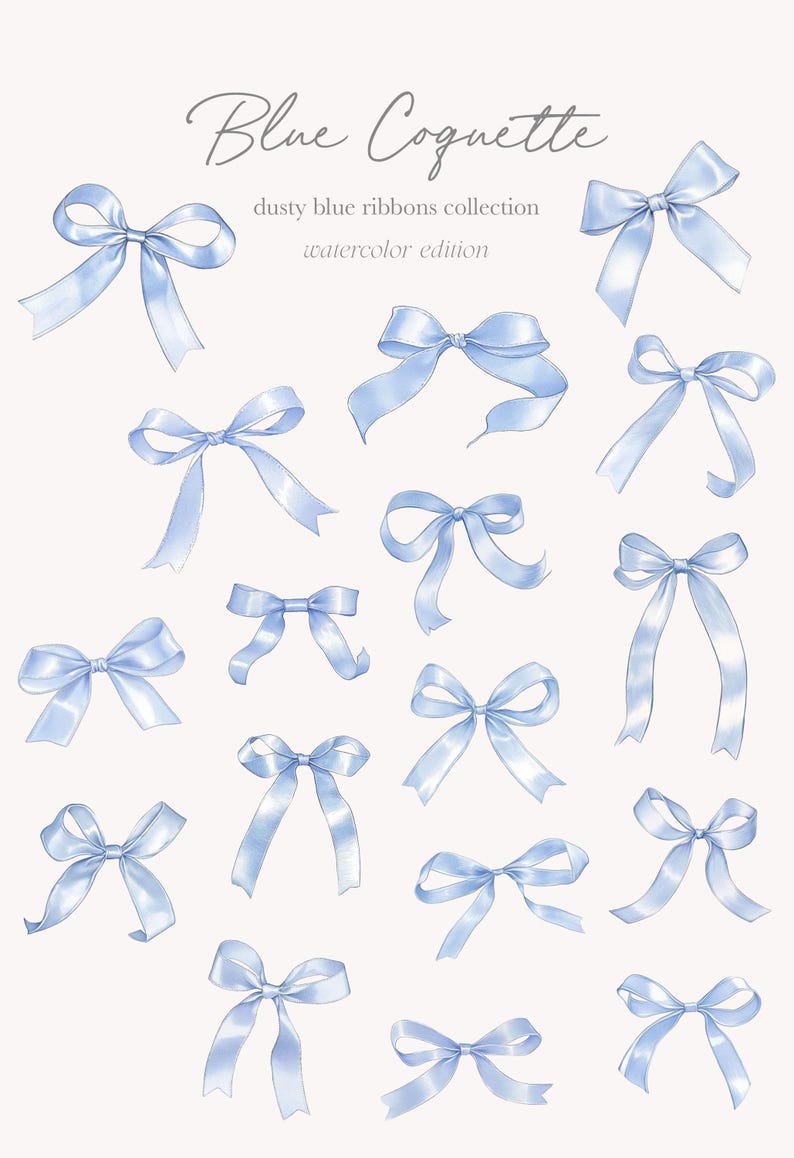 Blue Coquette Watercolor Collection - Ribbon Clipart Set - Blue Bows ...