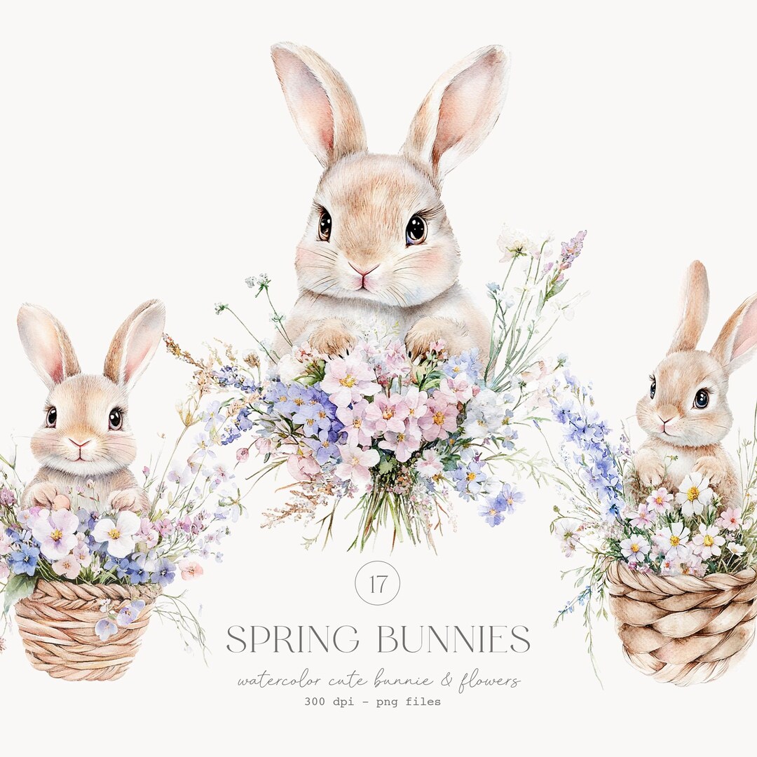 Watercolor Spring Bunnies - Floral Bunnies Clipart Set - Pastel Spring ...