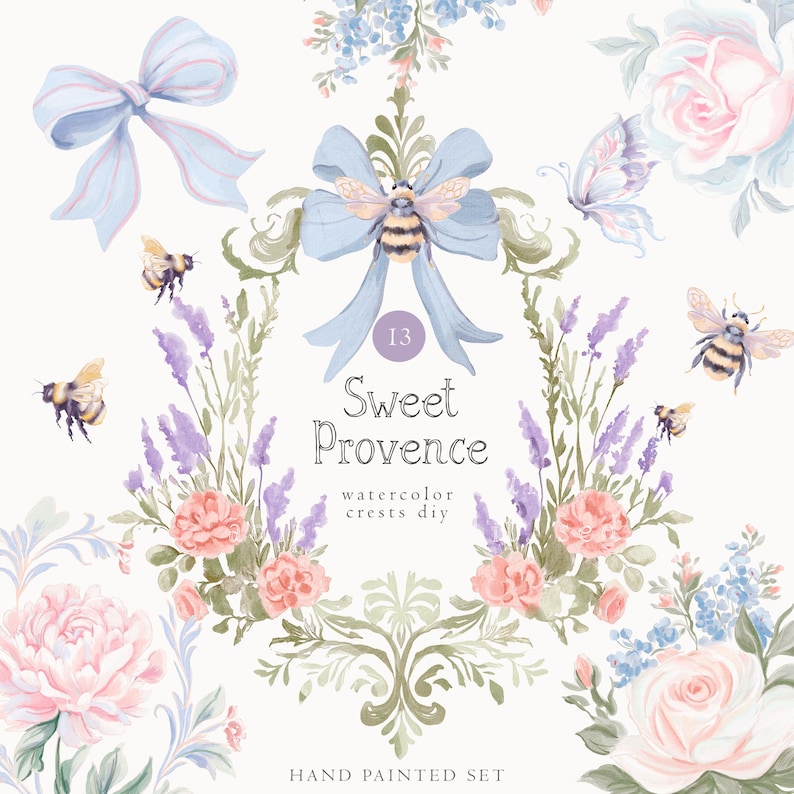 Watercolor Floral Crest DIY - Provence Lavender and Bees Crest - Pastel ...