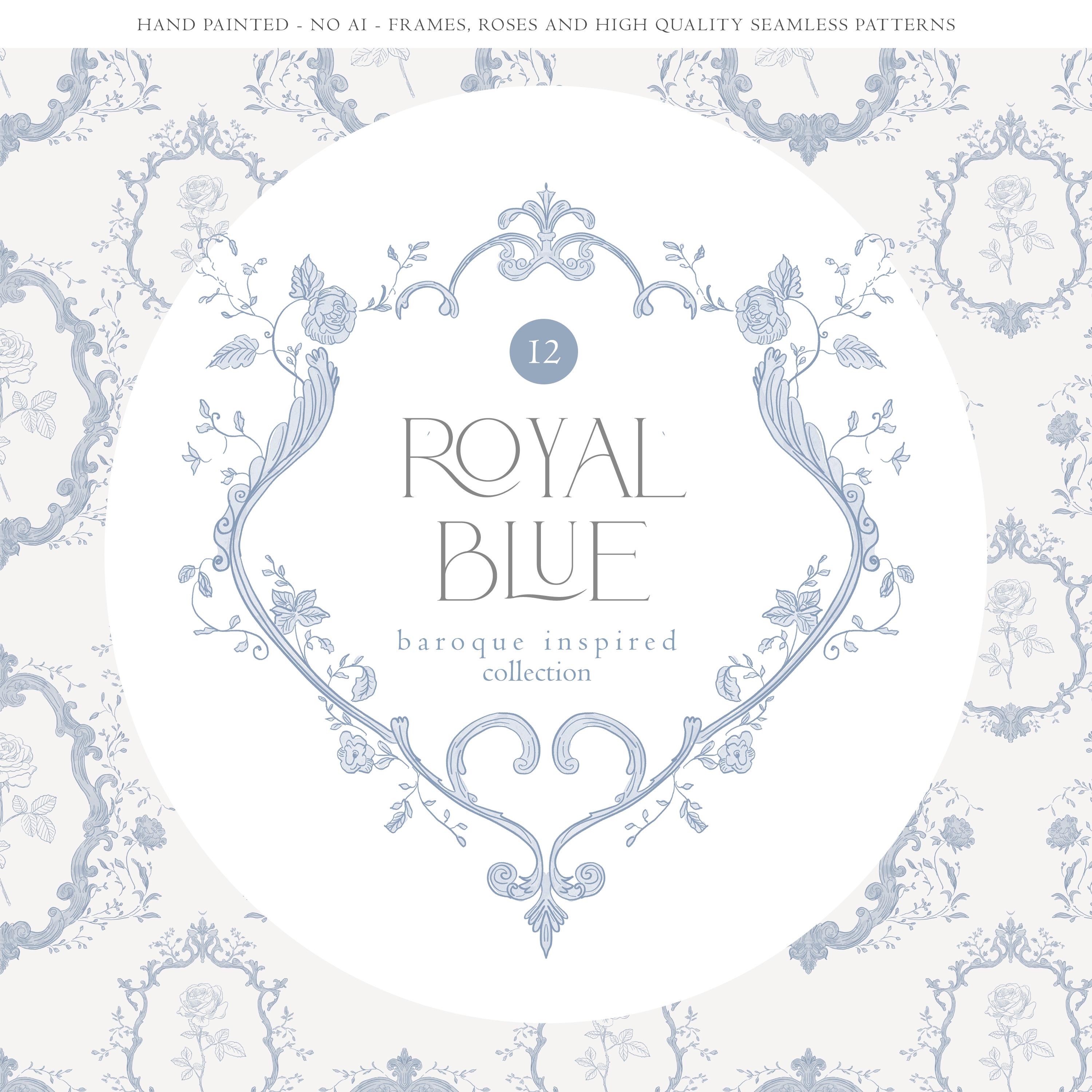 Baroque Inspired Line Art Royal Blue Clipart Set With Seamless Patterns ...