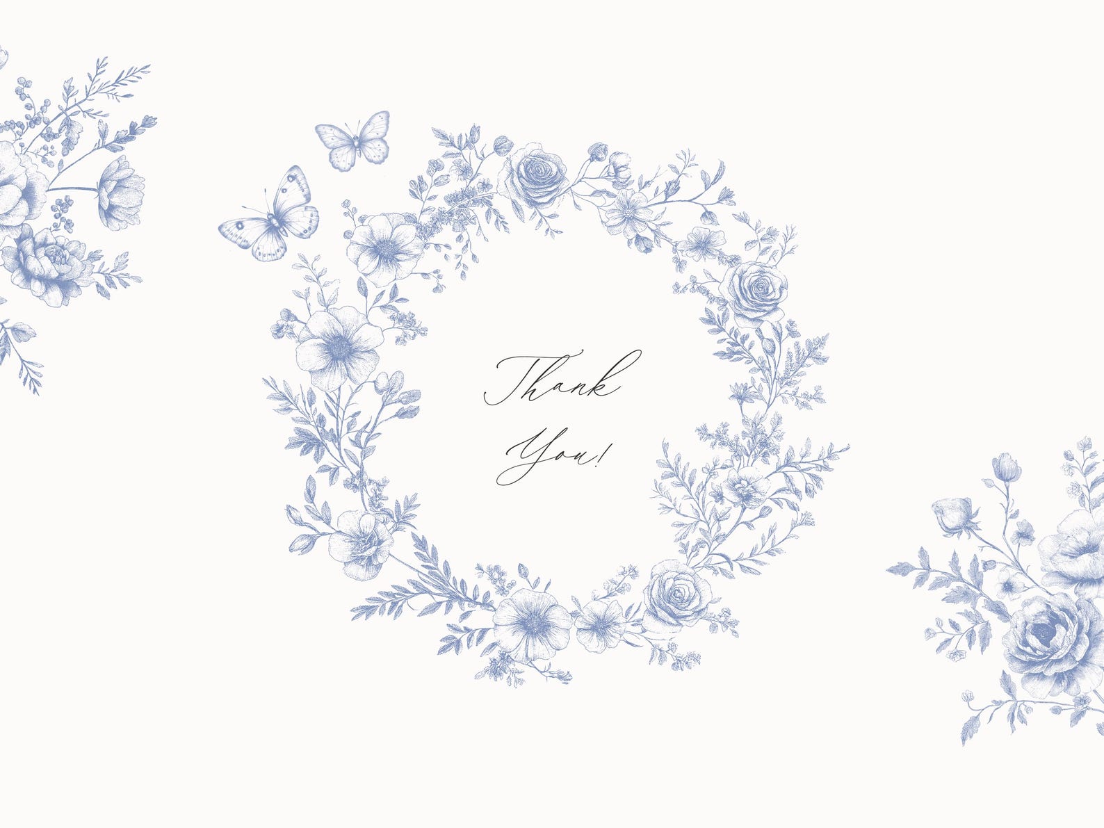 Blue Ink Line Art Toile Style Botanical Collection - Blue Chinoiserie ...