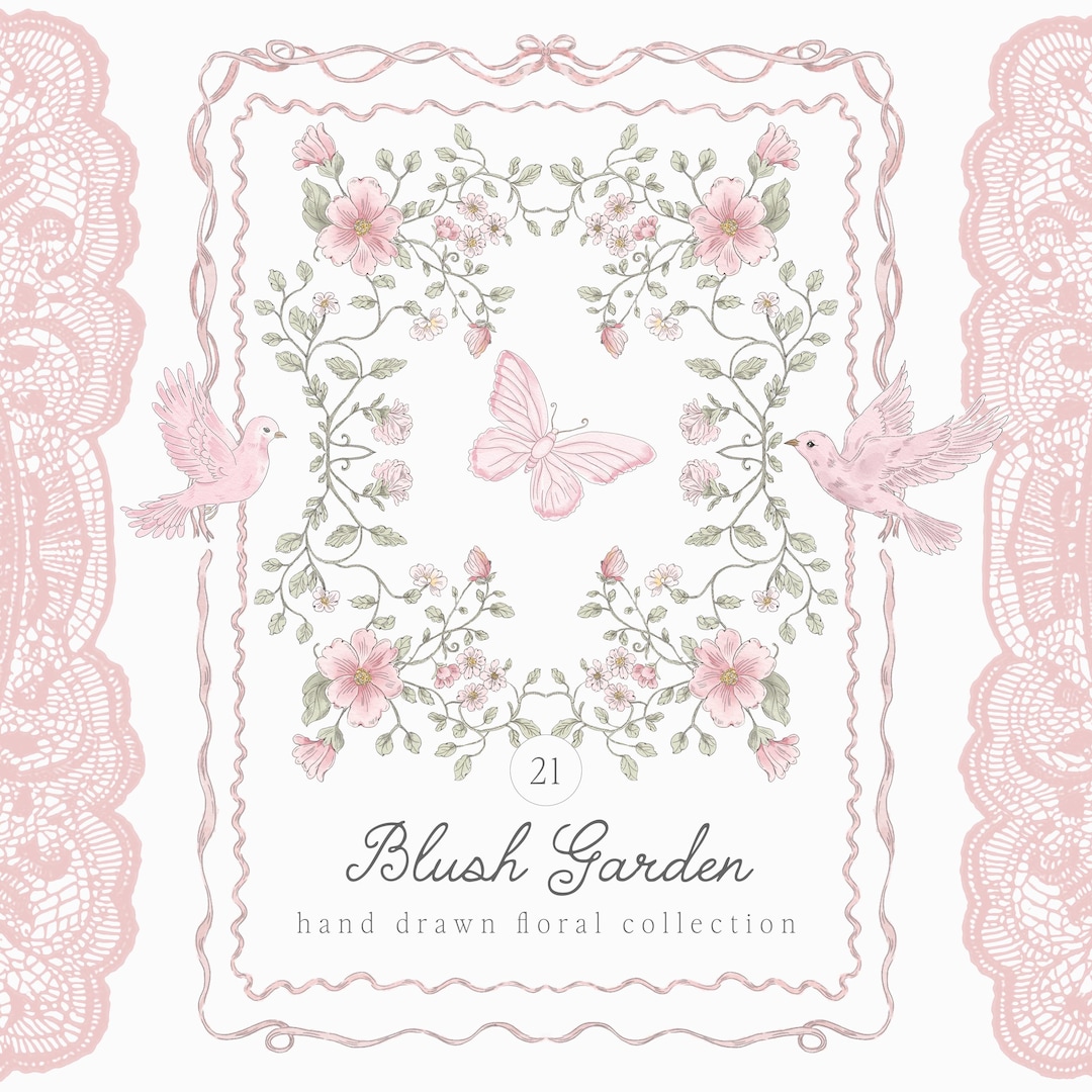 Hand Drawn Vintage Line Art and Lace Doily Blush Floral Clipart Set ...